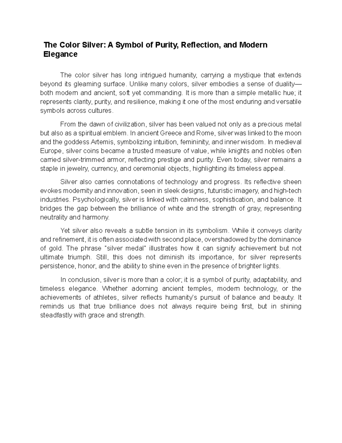 The Color Silver: A Short Essay on Purity and Elegance - Studocu