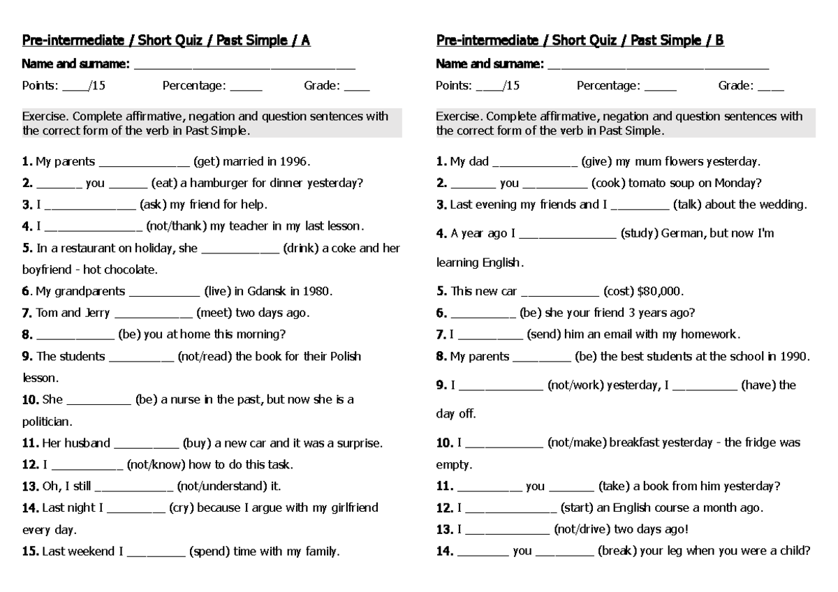 Pre-intermediate: Short Quiz on Past Simple Tense Analysis - Studocu