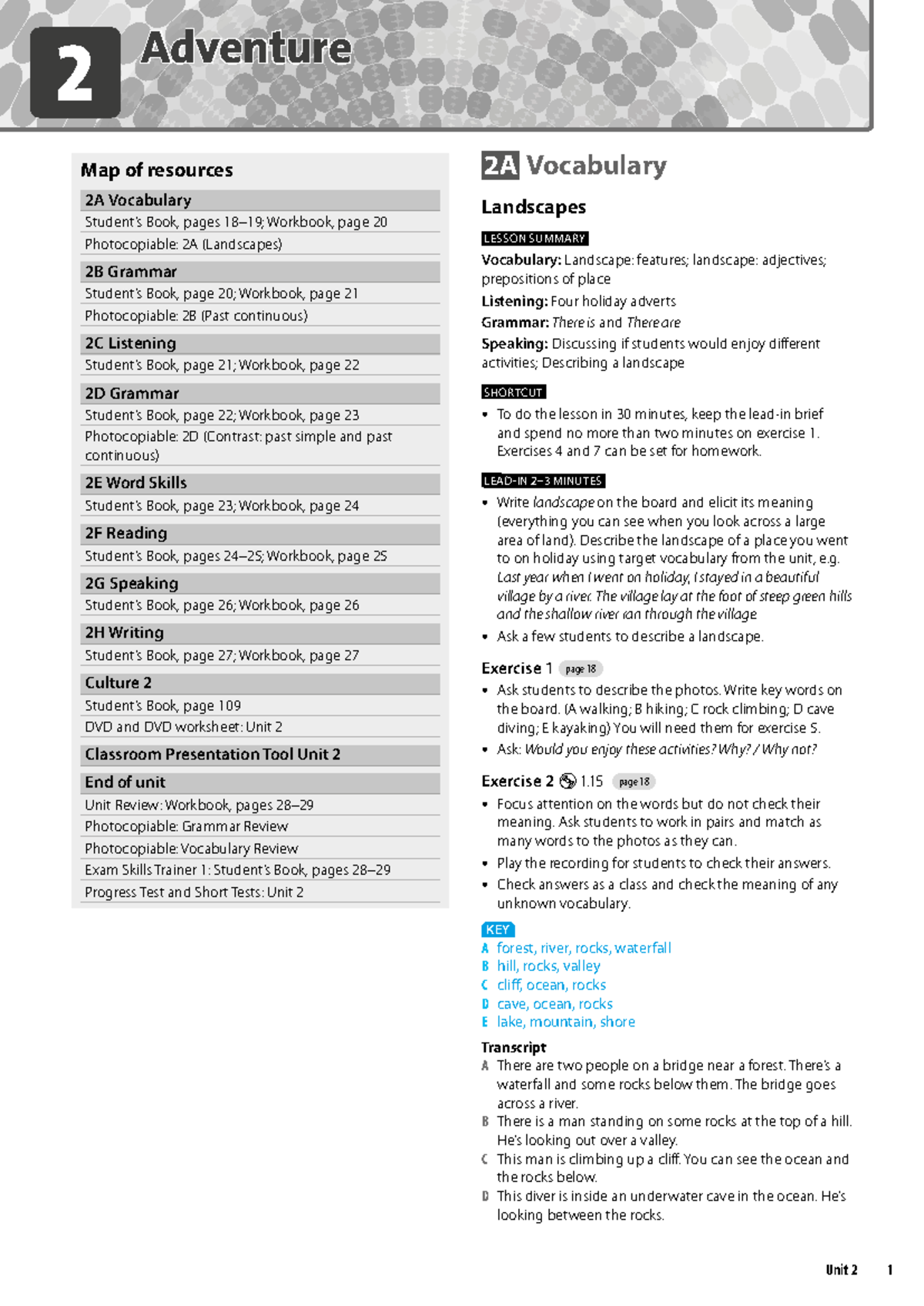 Unit 2 - English book - Adventure 2A Vocabulary Landscapes LESSON SUMMARY Vocabulary: Landscape ...