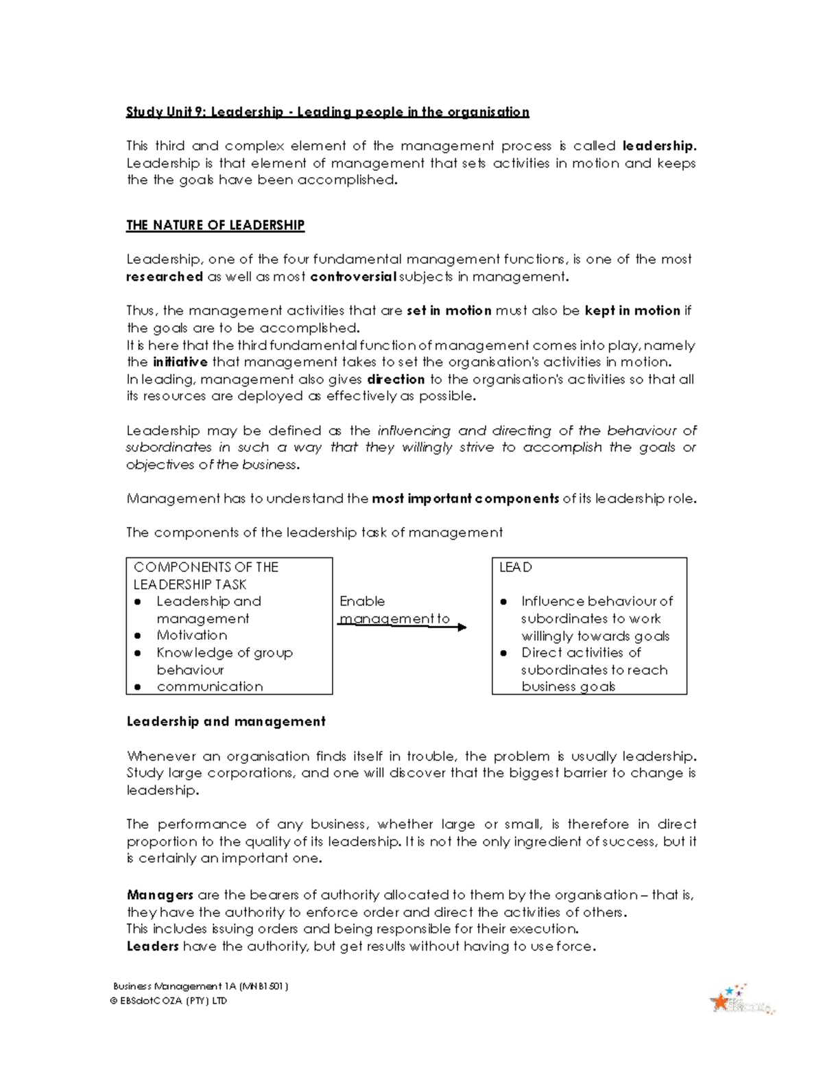 Leadership in Business Management - Study Unit 9 (MNB1501) - Studocu