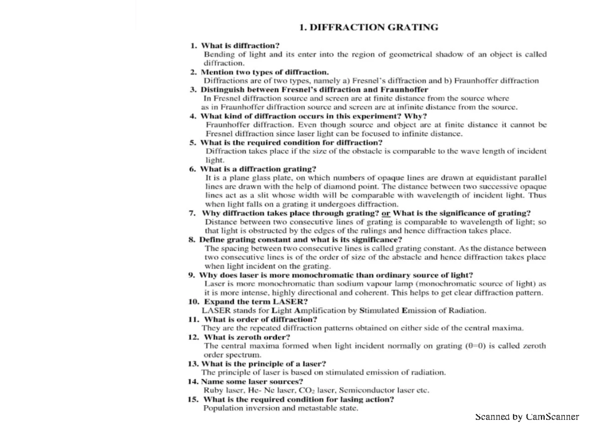 ENGINEERING PHYSICS LAB VIVA QUESTION ANSWEERS - 1. DIFFRACTION GRATING ...