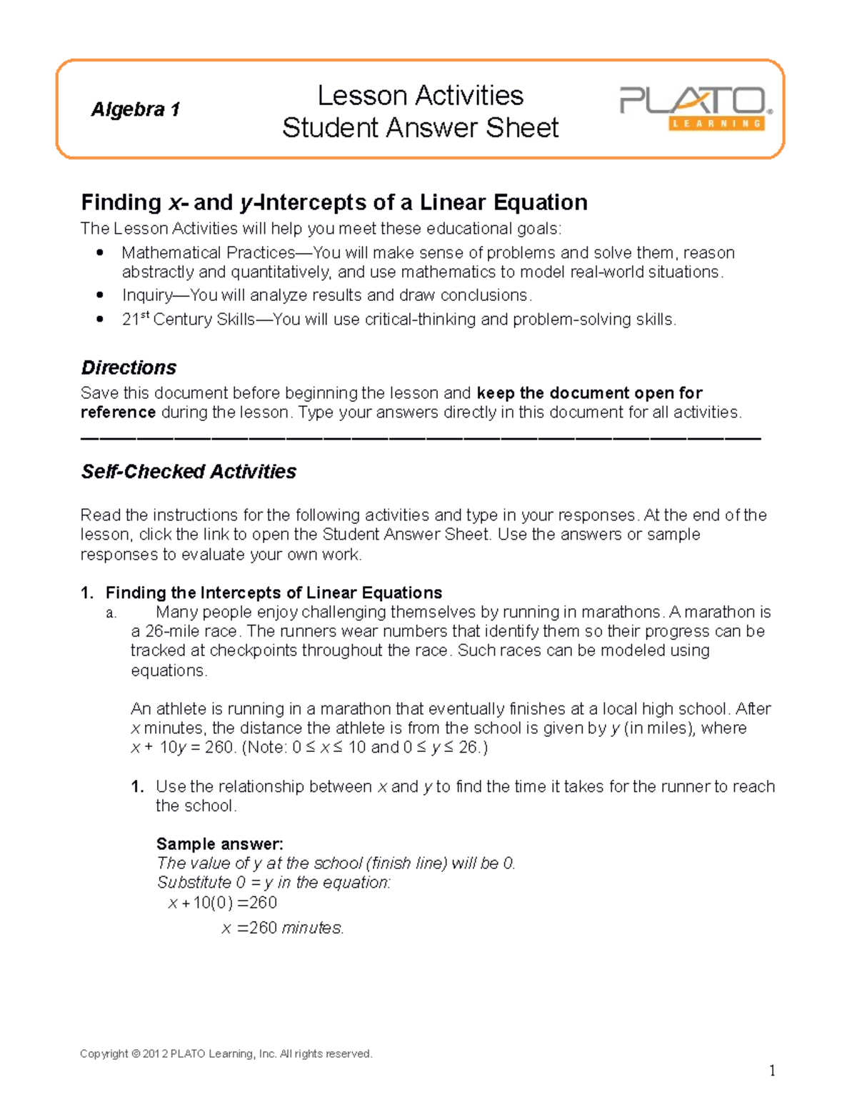 Finding x- and y-Intercepts of Linear Equations - LAS Lesson Activities ...