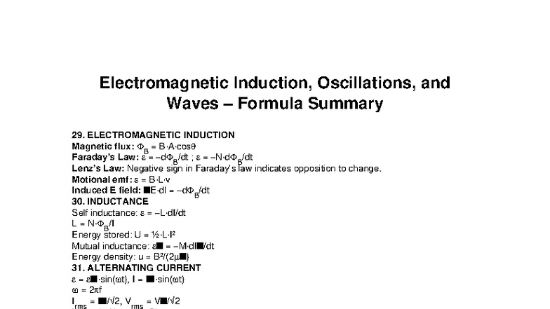 Electromagnetic Induction, Oscillations & Waves Formula Summary 29 - Studocu