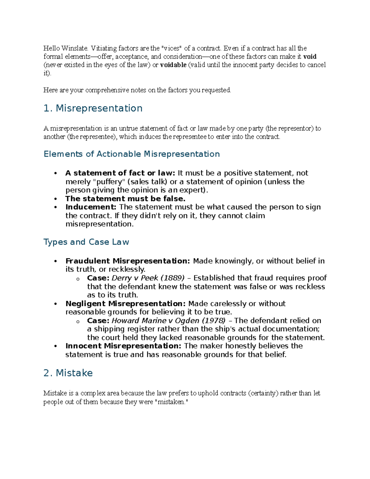 Factors Vitiating Contracts: Misrepresentation, Mistake, Duress - Studocu