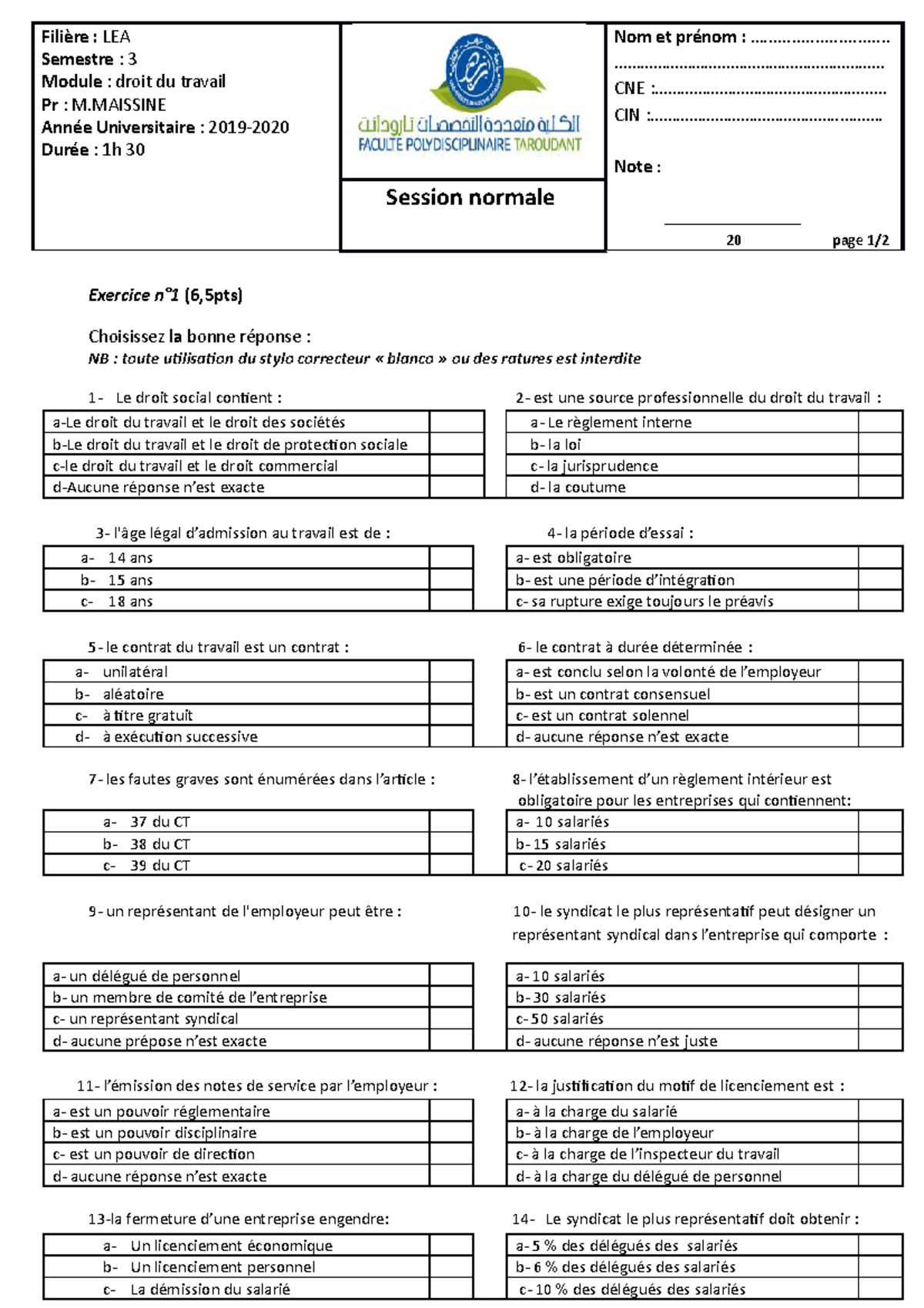 Examen Droit S3 - Filière : LEA Semestre : 3 Module : droit du travail Pr : M Année ...