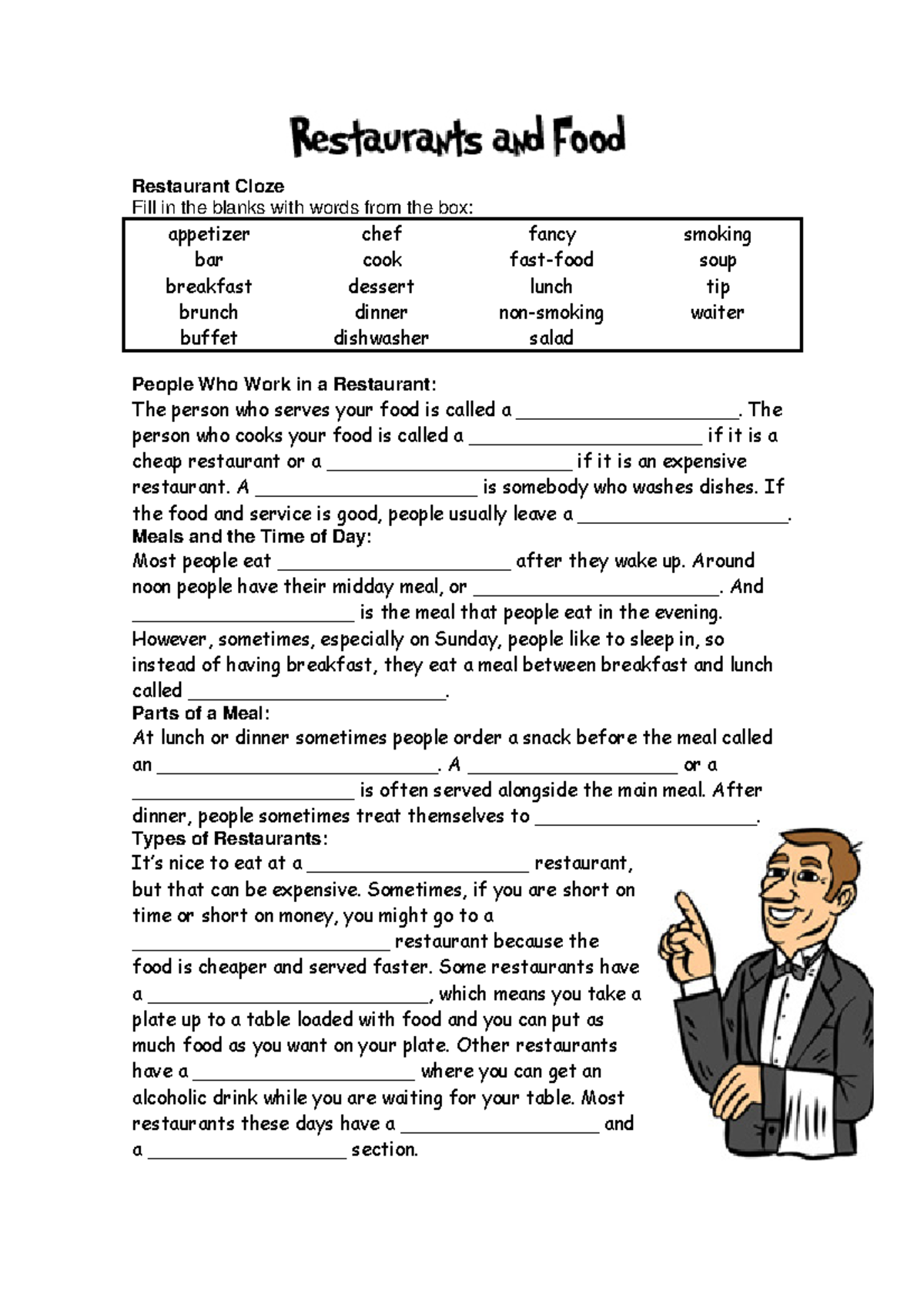 Restaurant Cloze - Inglés - Restaurant Cloze Fill in the blanks with ...