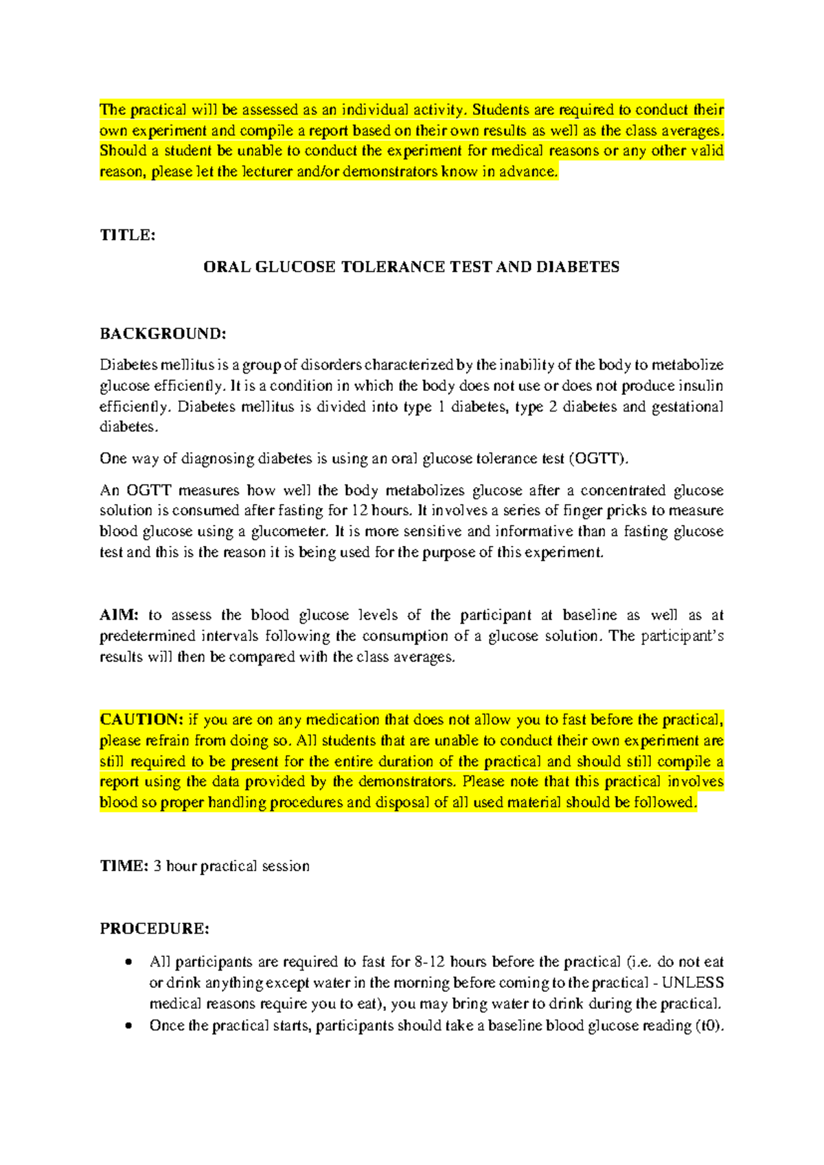 Practical 4 - Outline for Oral Glucose Tolerance Test (OGTT) 2023 - Studocu