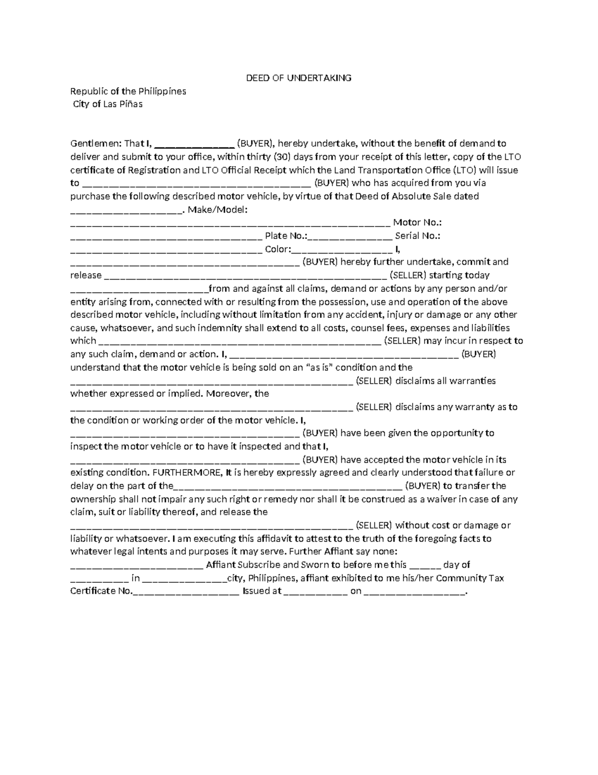 Affidavit of Undertaking for Motor Vehicle (Philippines) - Studocu