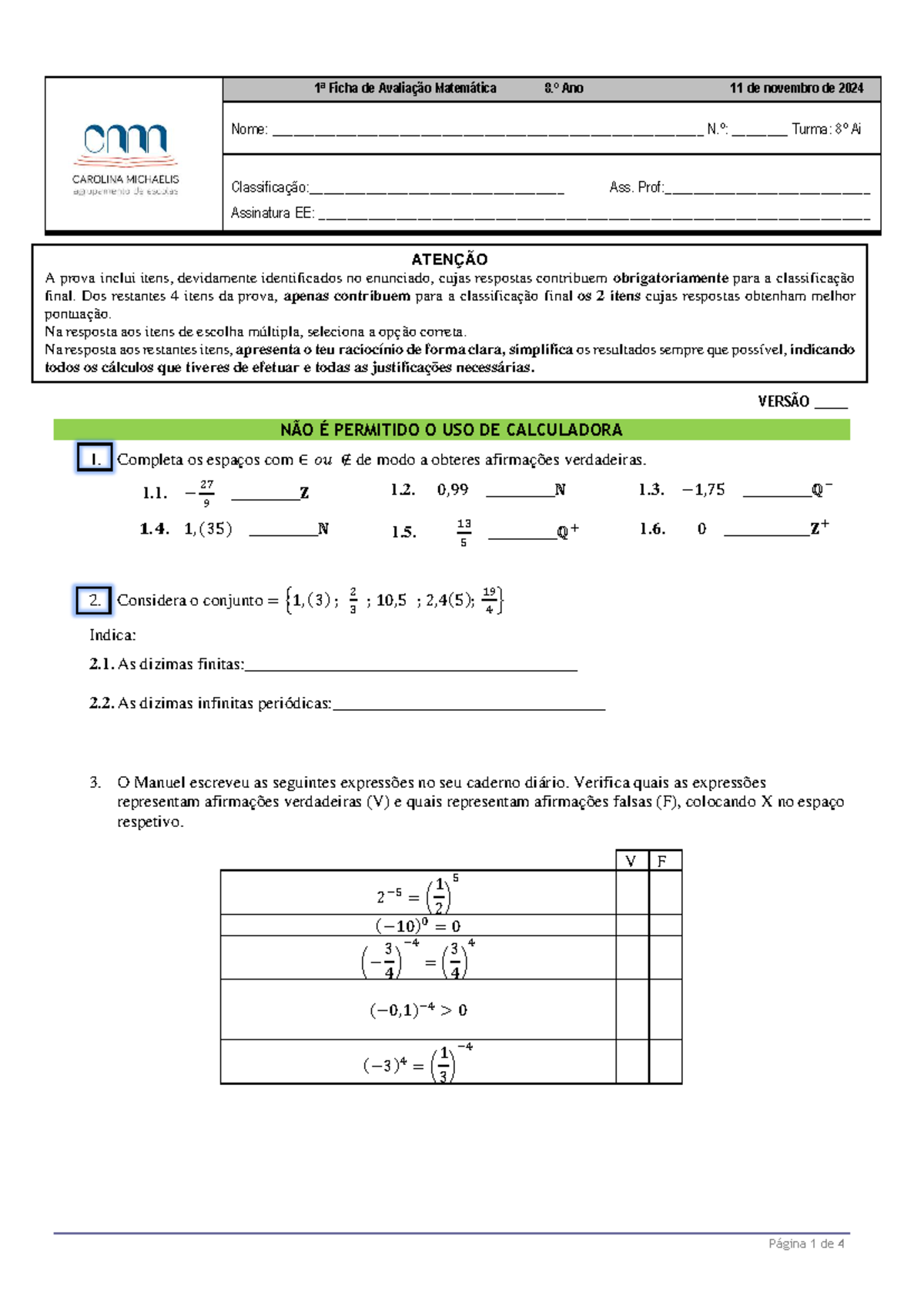 1ª Ficha de Avaliação Matemática 8.º Ano - 11 Nov 2024 - Studocu