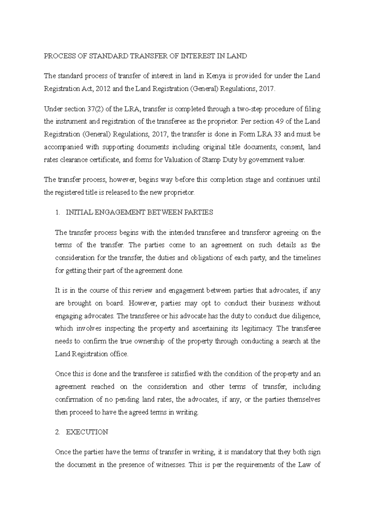 Standard Process for Transfer of Interest in LAND (LRA 2012) - Studocu