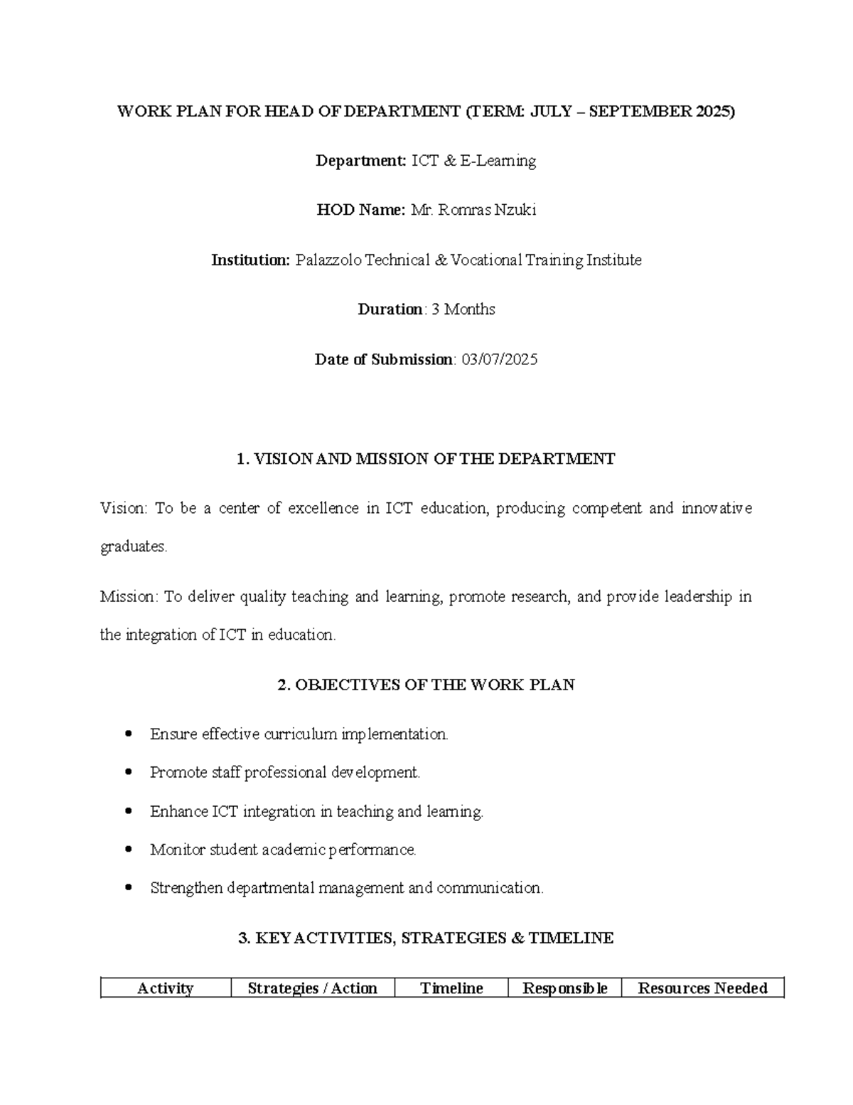 WORK PLAN FOR ICT HOD (TERM: JULY - SEPT 2025) - Studocu