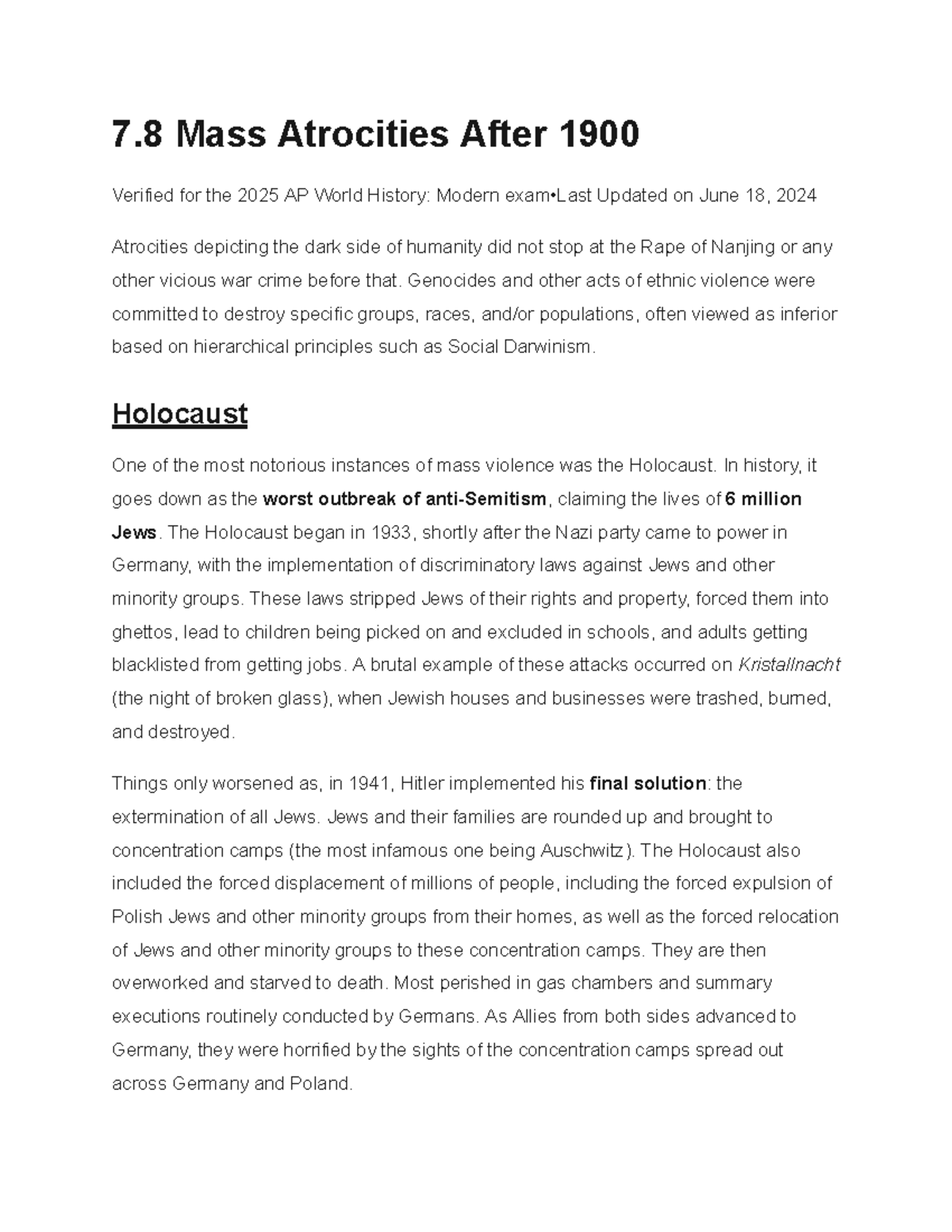 AP World History: Modern - Overview of Mass Atrocities Post-1900 - Studocu