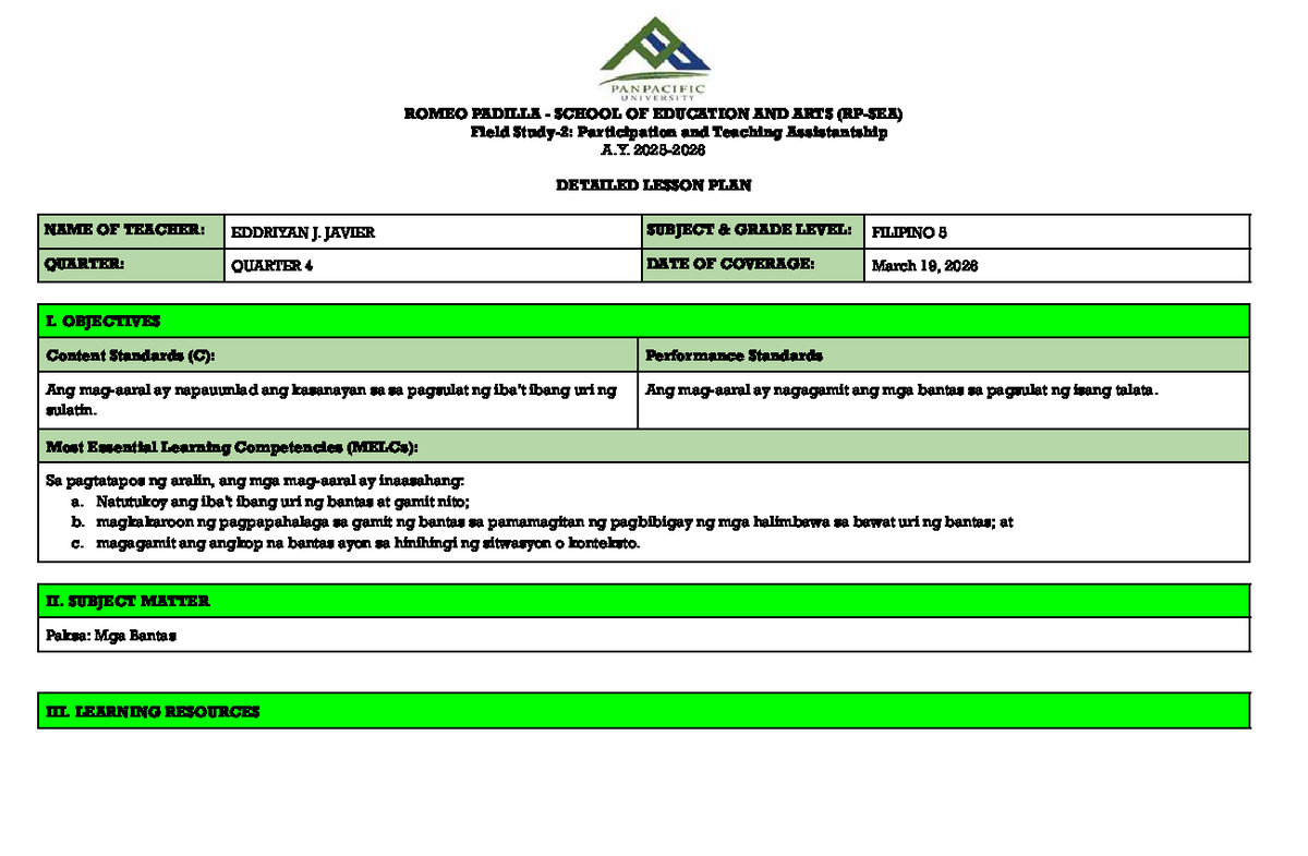 FILIPINO 5 DLP: Detailed Lesson Plan on Punctuation Marks - Studocu