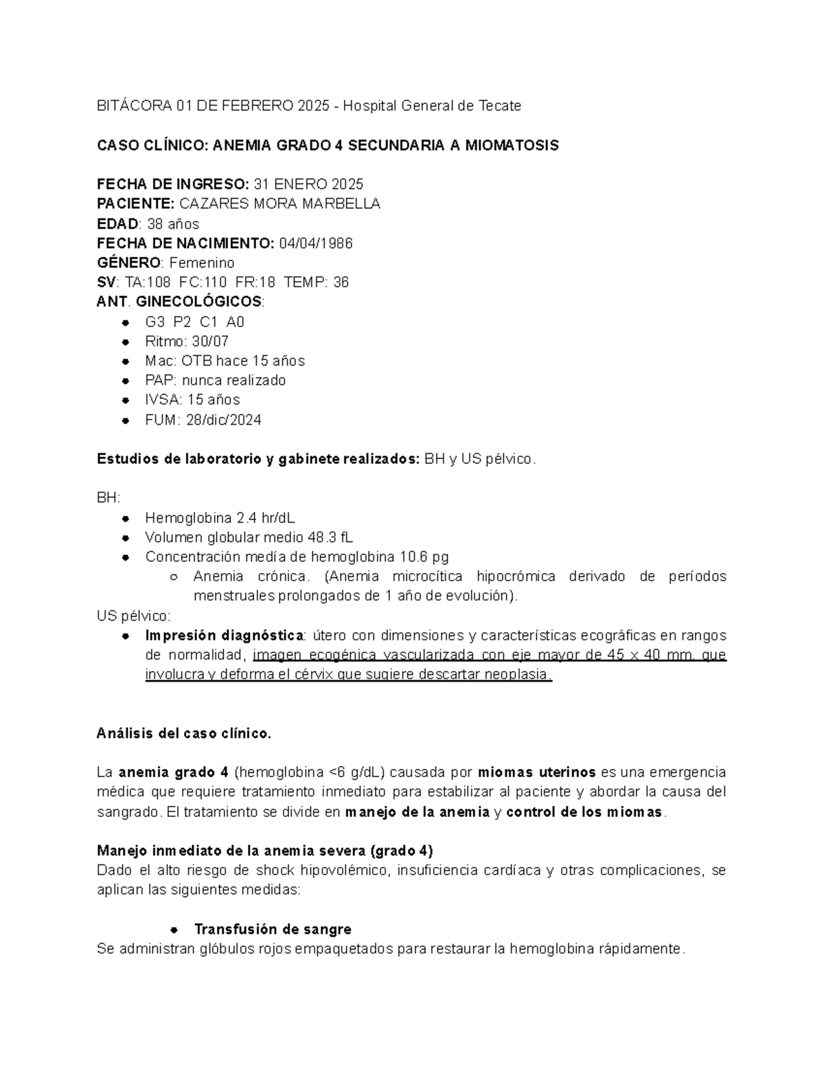 Bitácora Clínica: Anemia Grado 4 y Miomatosis - 401-2 - Studocu