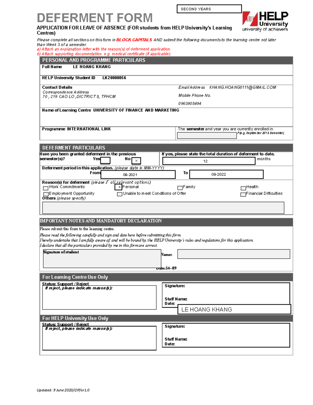 Deferment Form CIP - Phân tích và dự báo trong kinh doanh - Đại học Tài ...