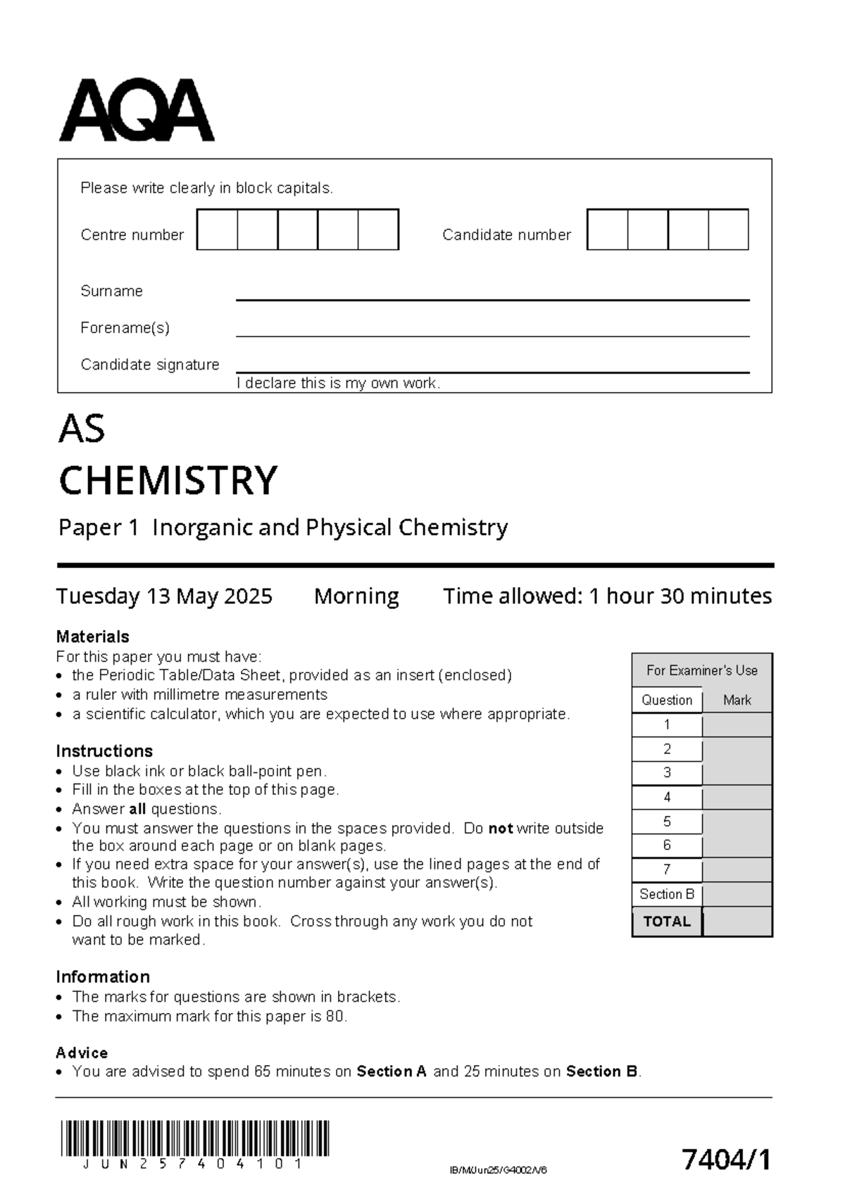 AS CHEMISTRY Paper 1: Inorganic and Physical Chemistry Exam 2025 - Studocu