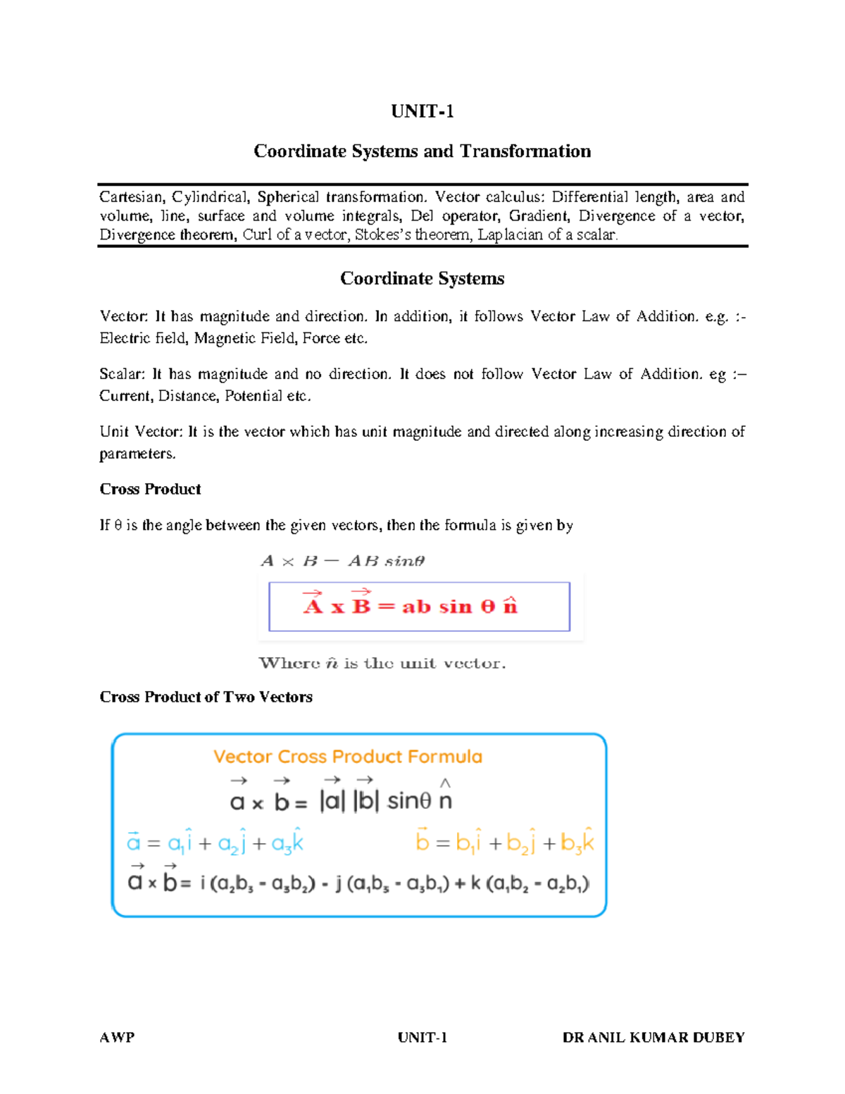 AWP Unit 1 Lecture Notes: Coordinate Systems & Vector Calculus - Studocu