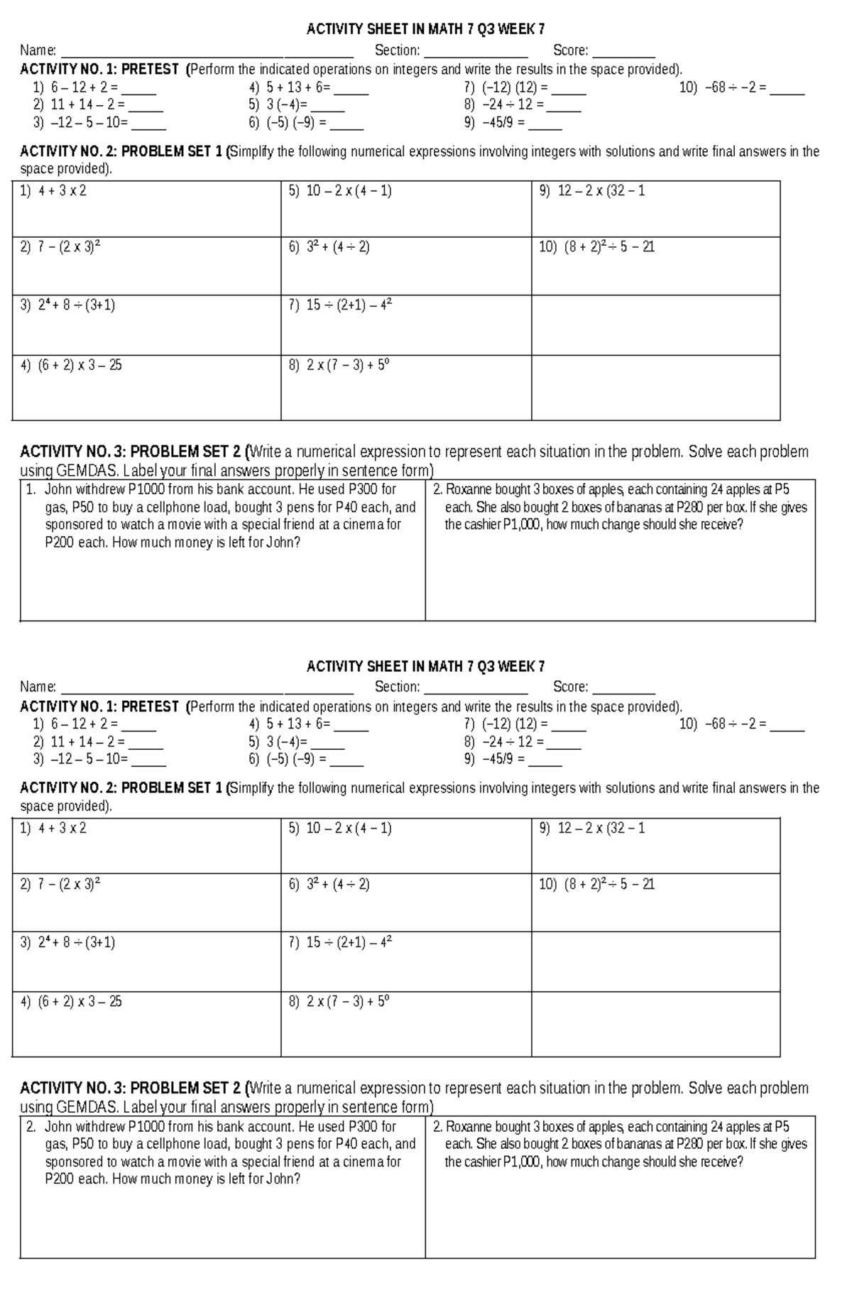 Activity Sheet IN MATH 7 Q3 integers - ACTIVITY SHEET IN MATH 7 Q3 WEEK ...