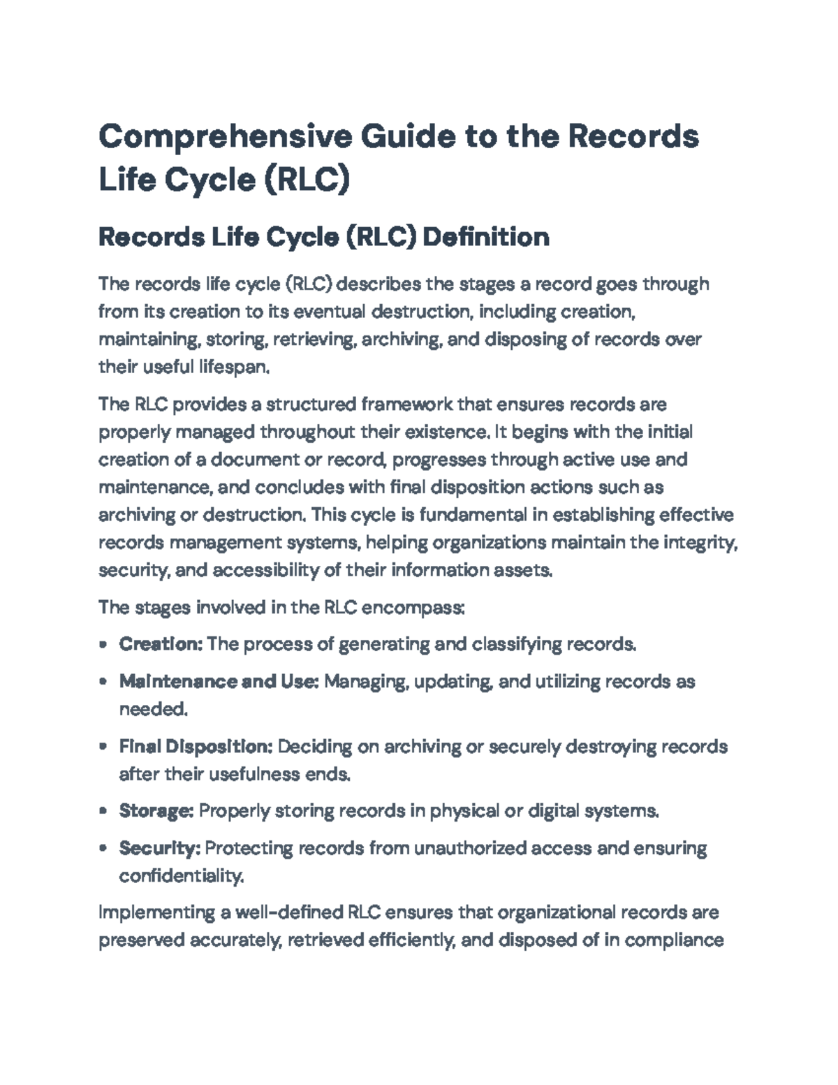 Comprehensive Overview of the Records Life Cycle (RLC) Management - Studocu