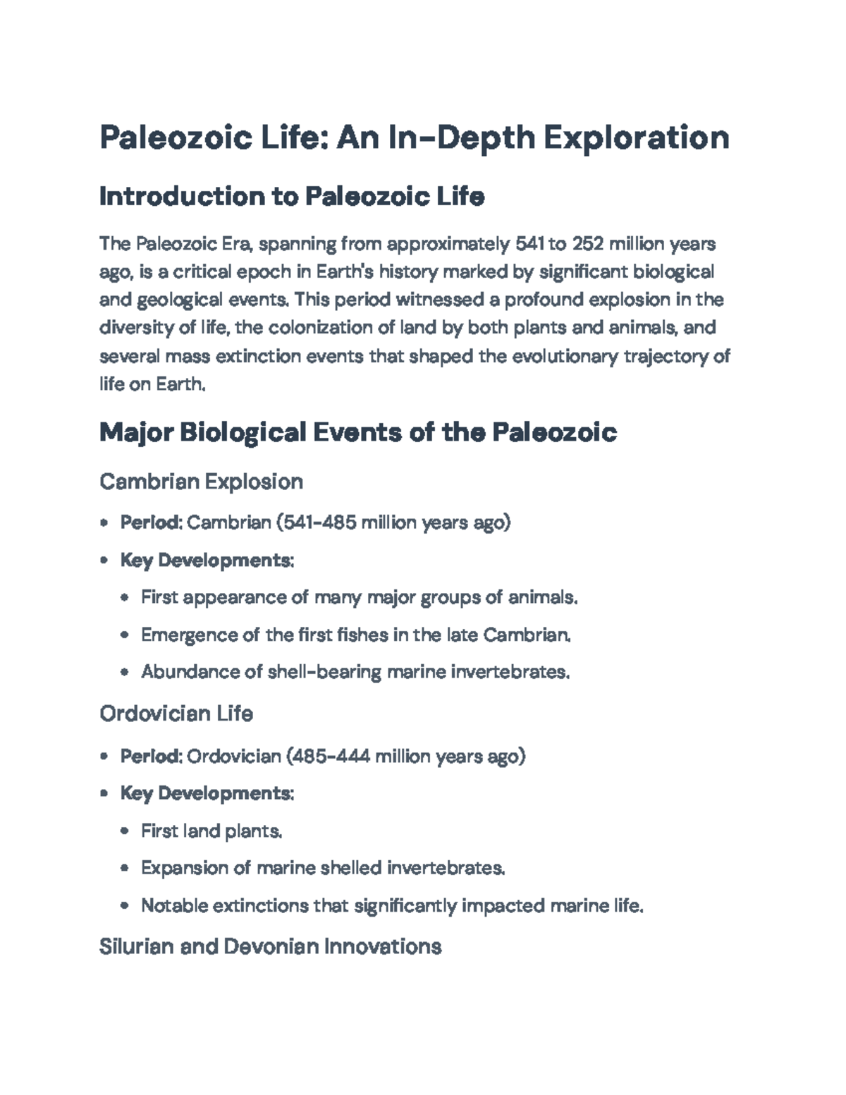 Paleozoic Era: Major Biological Innovations and Extinction Events ...