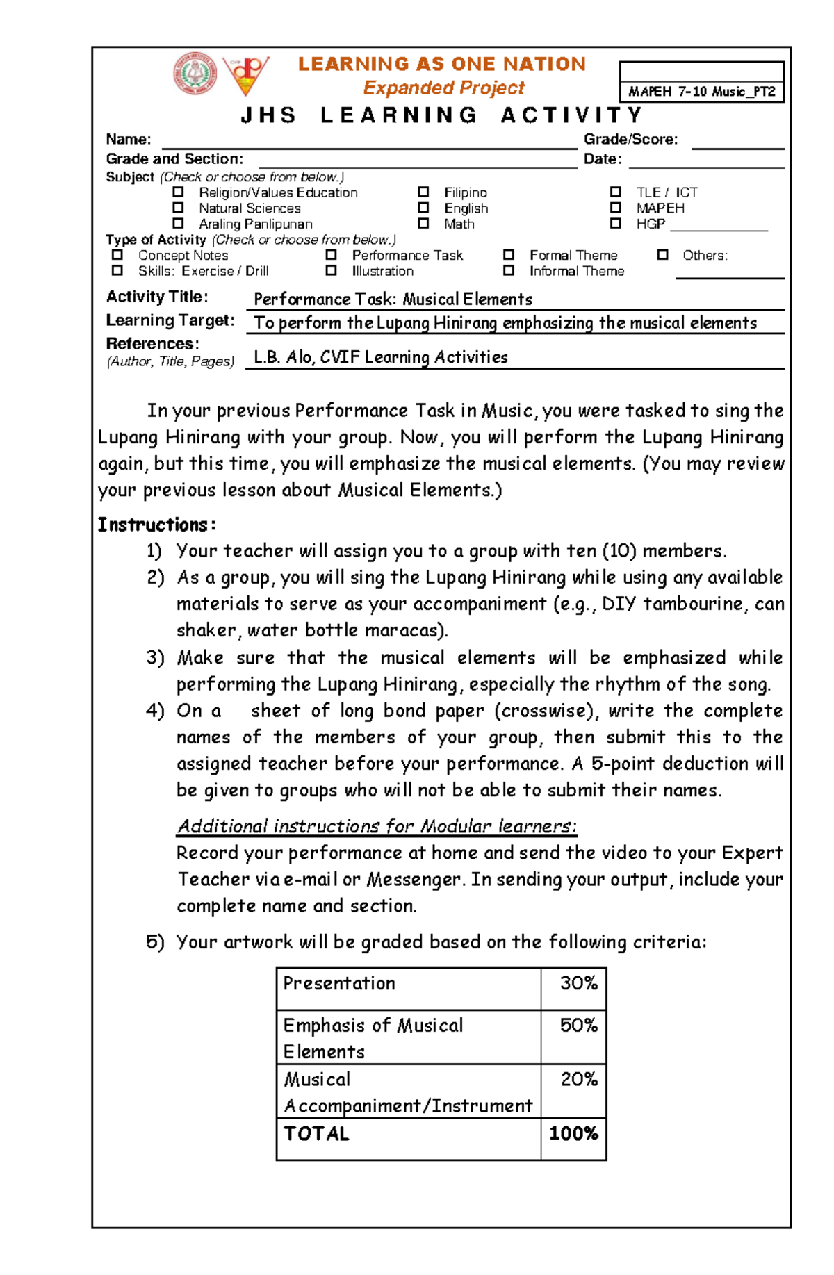 MAPEH 7-10 Music - PT2 Performance Task: Emphasizing Musical Elements ...