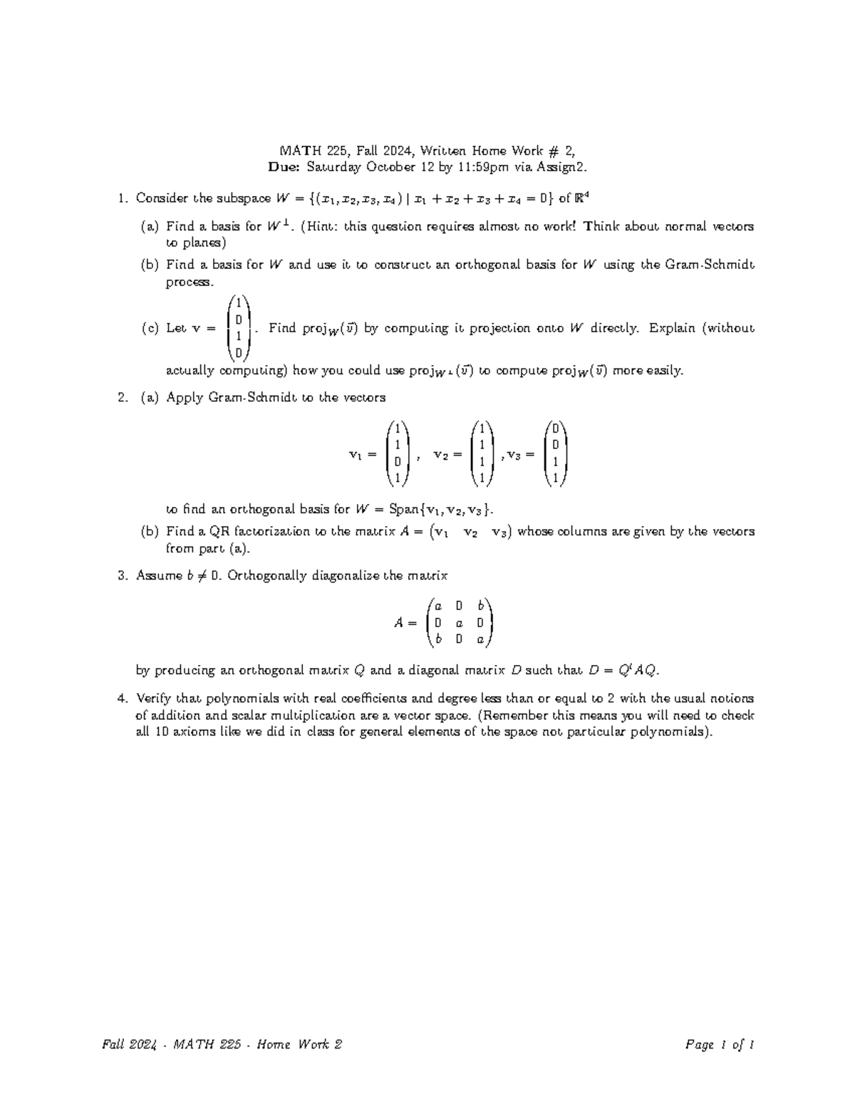 HW2 - MATH 225 Fall 2024 Assignment on Vector Spaces and Projections ...