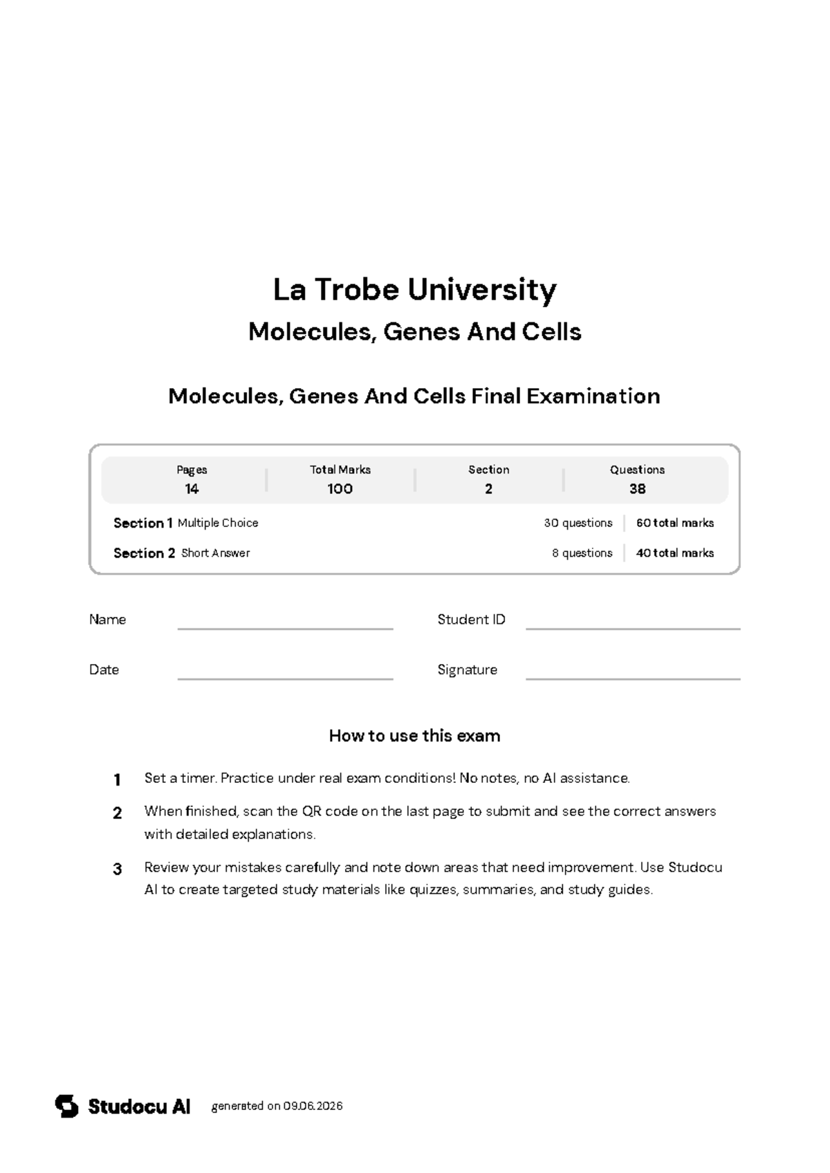 BIO1MGC Molecules, Genes And Cells Final Exam - Studocu