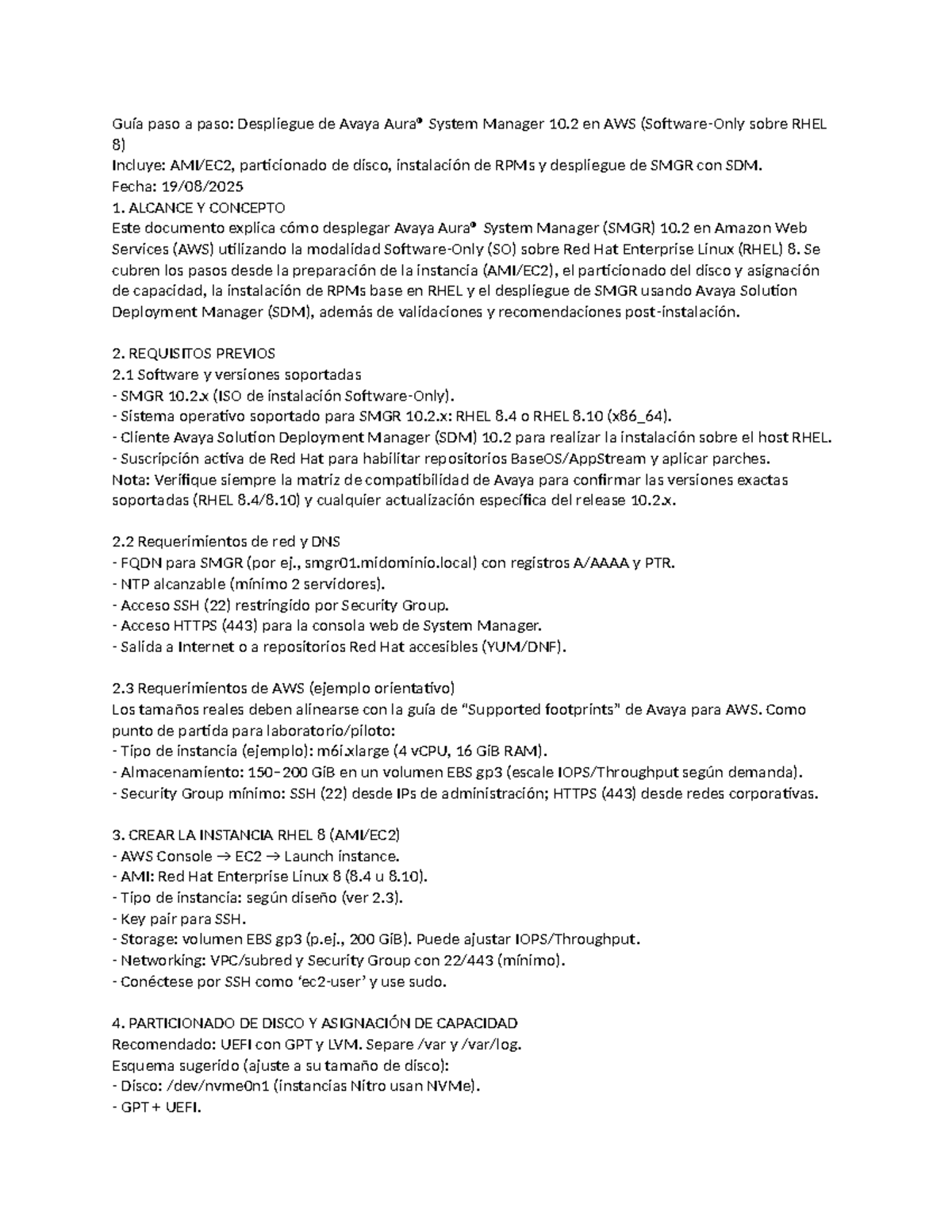 Guía de Despliegue de Avaya SMGR 10.2 en AWS sobre RHEL 8 - Studocu