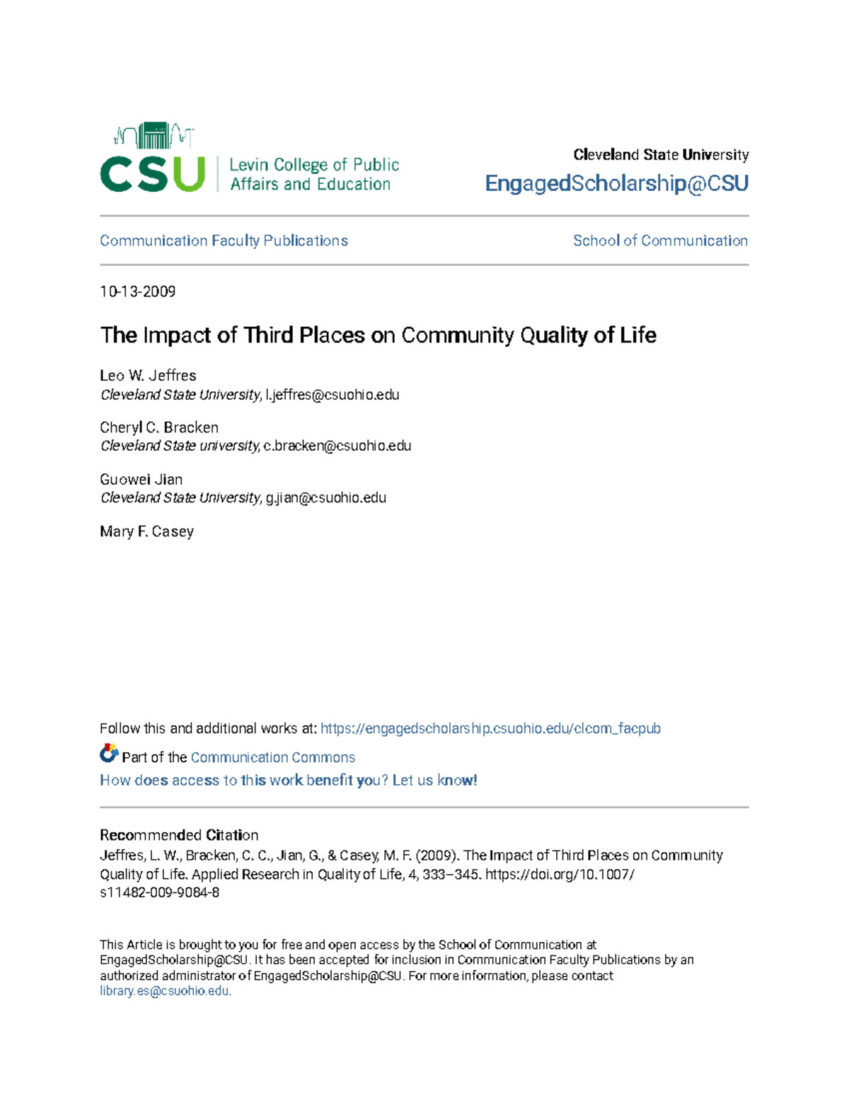 The Impact of Third Places on Community Quality of Life - Jeffres ...