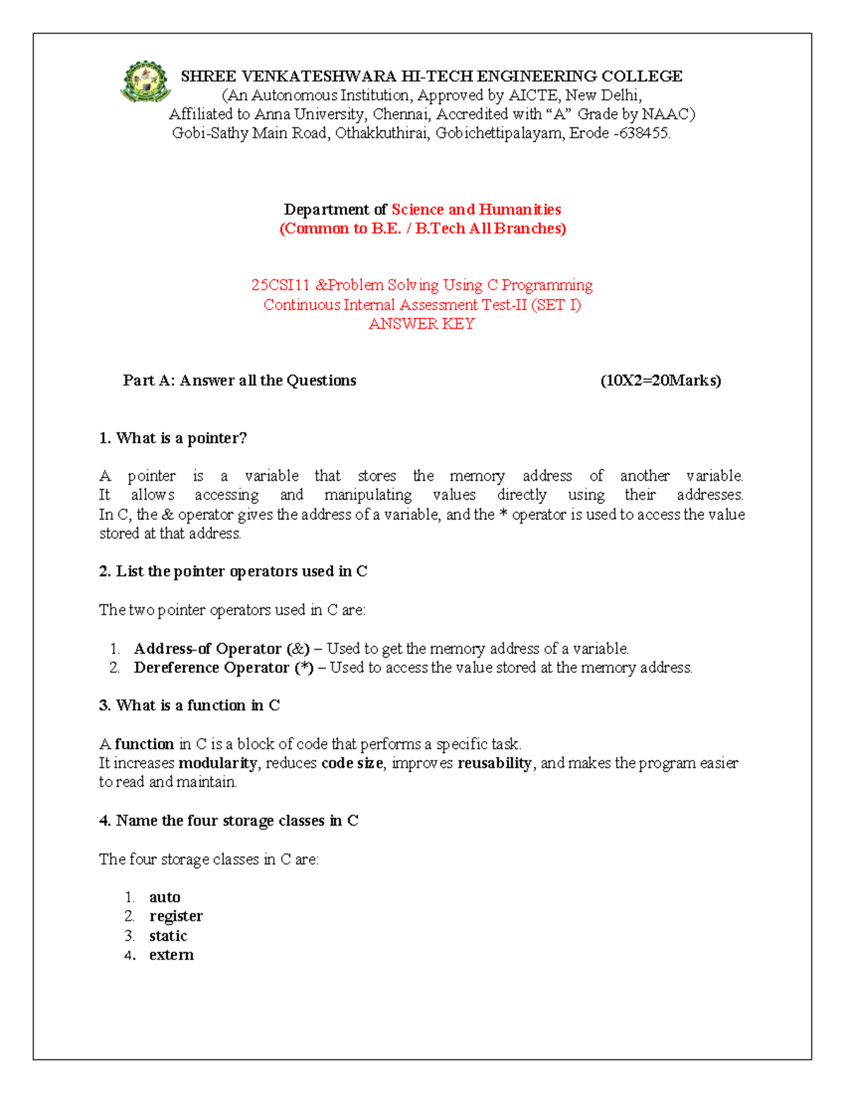 PSCP 25CSI11 C Programming Continuous Internal Assessment (SET I ...