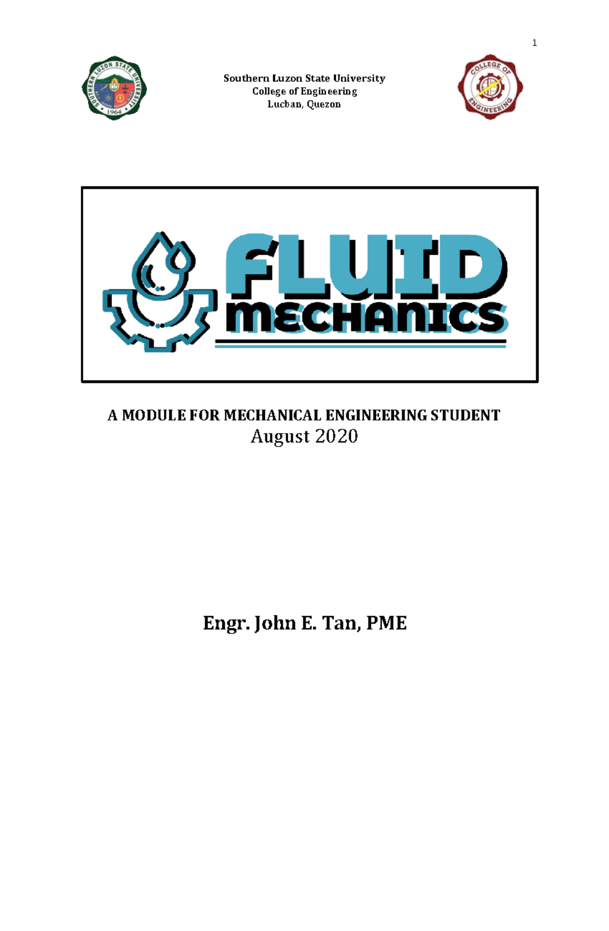 Fluid Mechanics Module for ME Students (ENGR 101) - August 2020 - Studocu