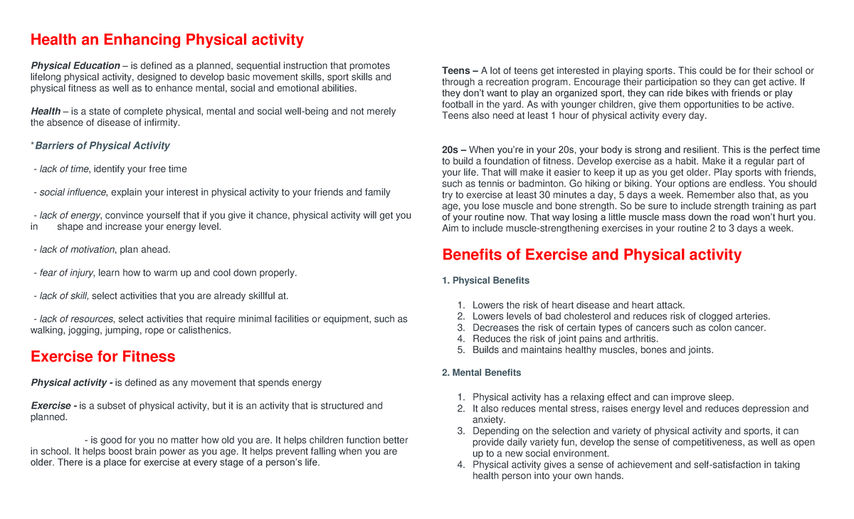 PEH - PE and Health - SHS - Health an Enhancing Physical activity Physical Education – is ...