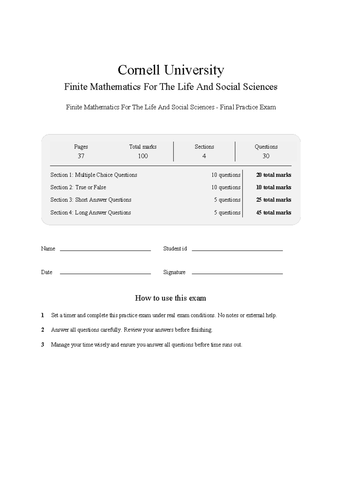 MATH 1105 Finite Mathematics for Life & Social Sciences Final Practice ...