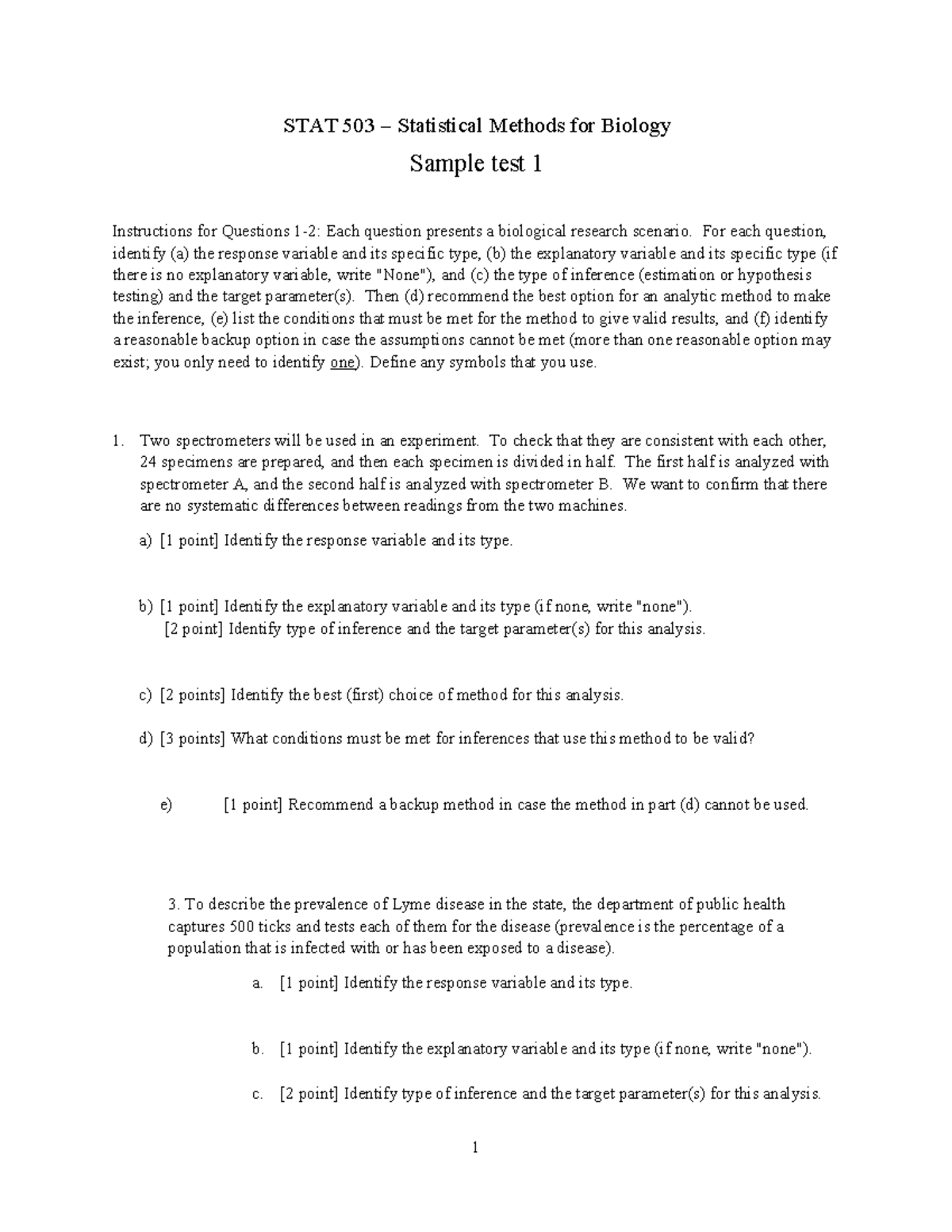 STAT 503 – Statistical Methods for Biology: Sample Test 1 Review Guide ...