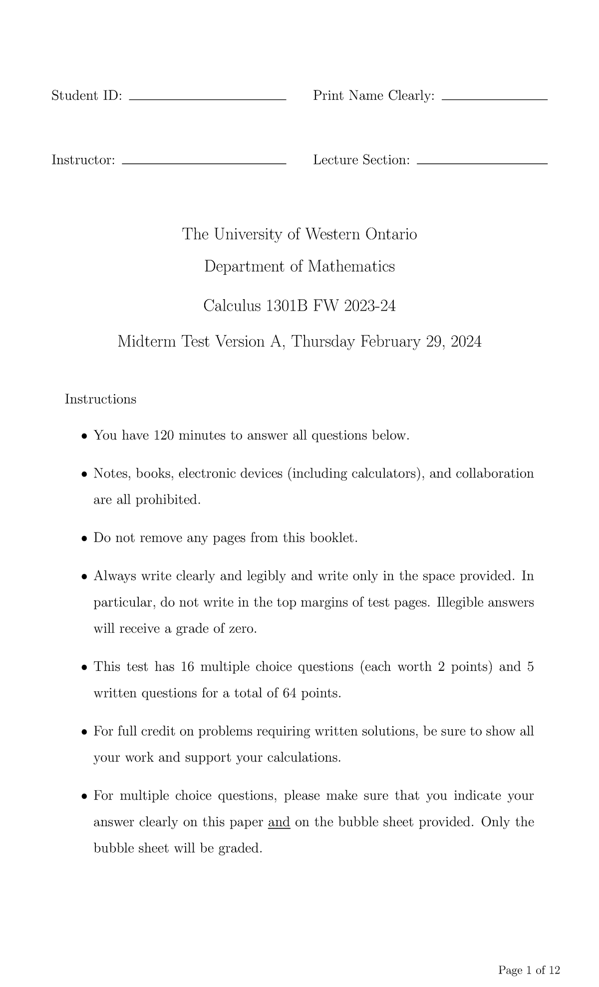 Calculus 1301B FW Midterm Test Version A - February 29, 2024 - Studocu