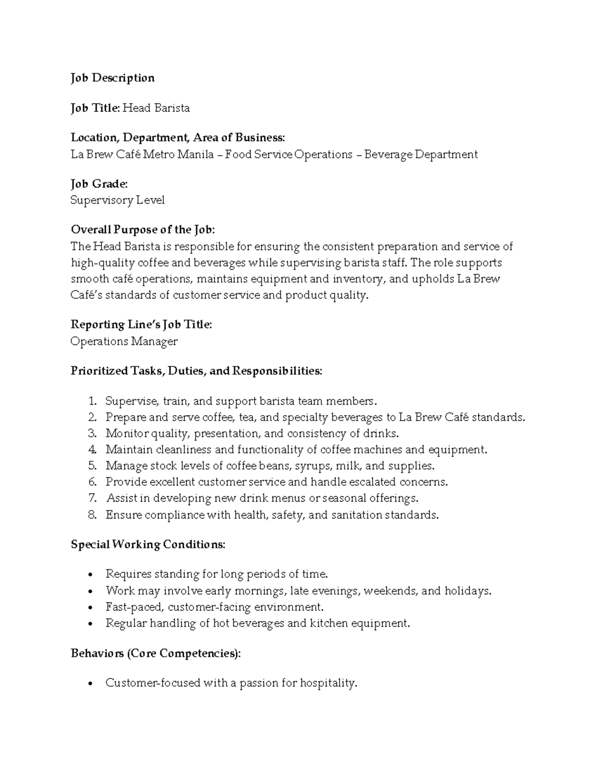 Job Description: Head Barista & Café Crew Roles at La Brew Café - Studocu