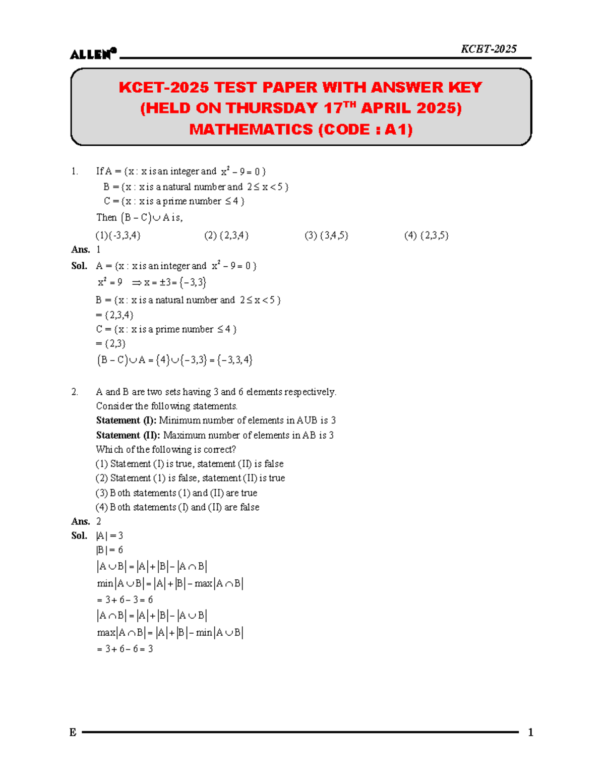 KCET 2025 Mathematics Test Paper with Answer Key - Studocu