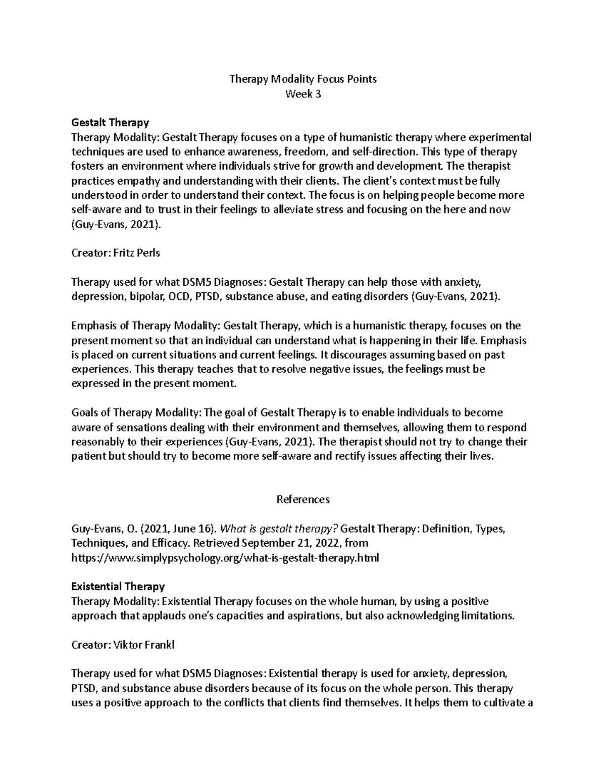 NU 672 Week 3 Therapy Modality Focus Points - Therapy Modality Focus ...