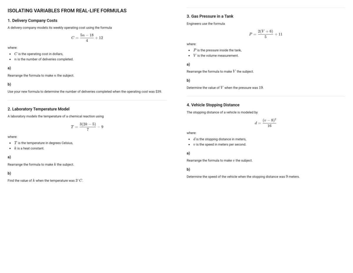 ISOLATING VARIABLES FROM FORMULAS: Gas Pressure & Vehicle Stopping ...