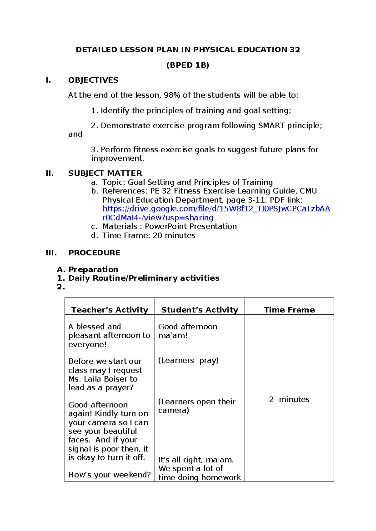 Detailed Lesson Plan on Goal Setting in PE 32 (BPED 1B) - Studocu