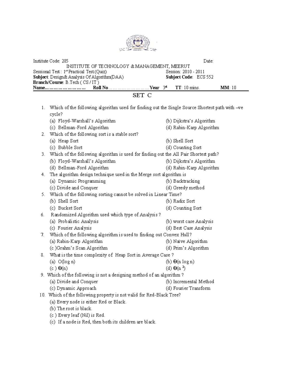 DAA (ECS 552) - 1st Practical Quiz Set C - Studocu