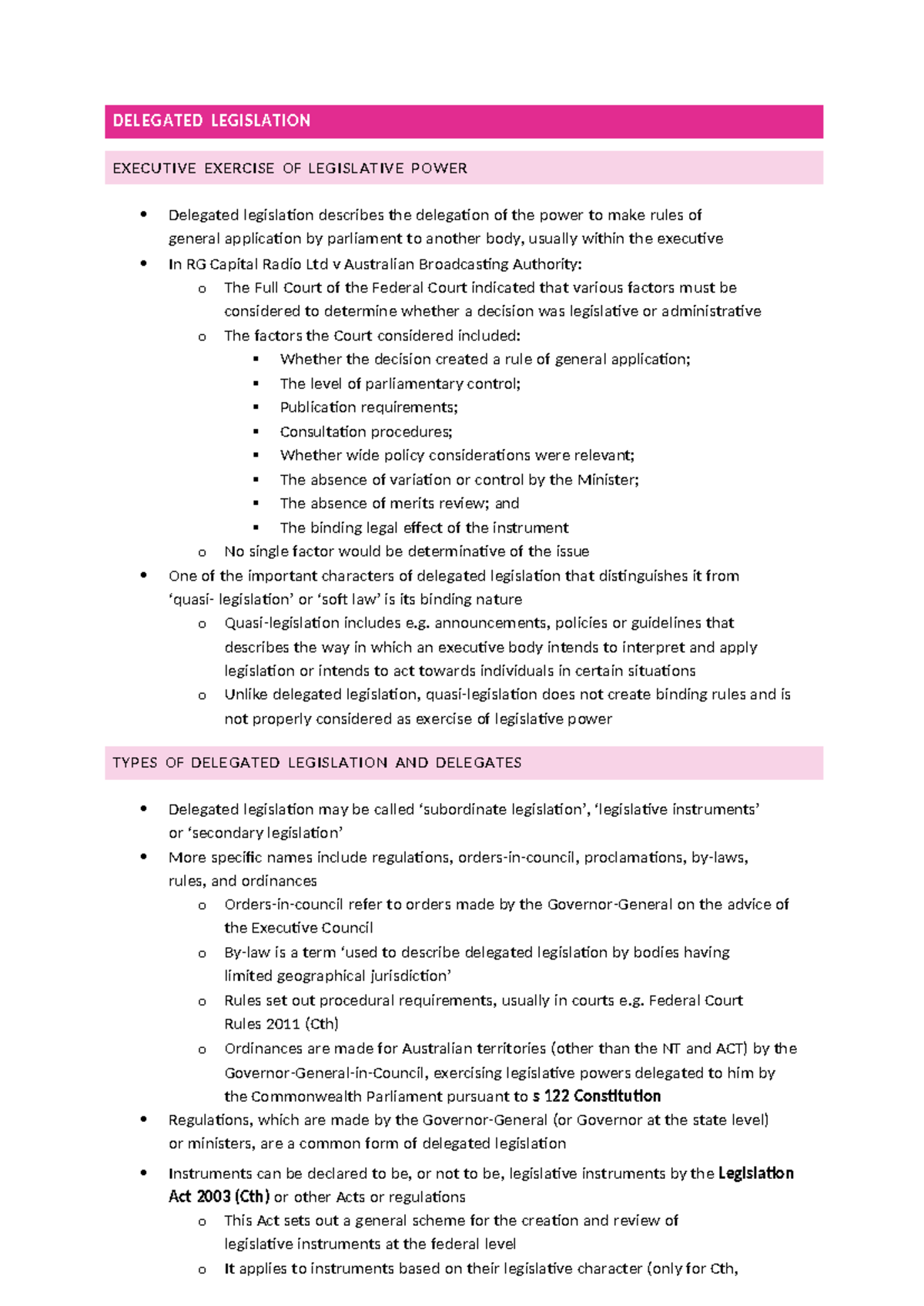 Admin Law - Delegated Legislation Notes (Course Code: LAW101) - Studocu
