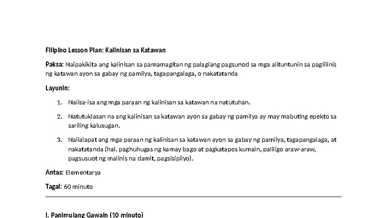 Filipino Lesson Plan: Kalinisan sa Katawan (GMRC CO V1) - Studocu