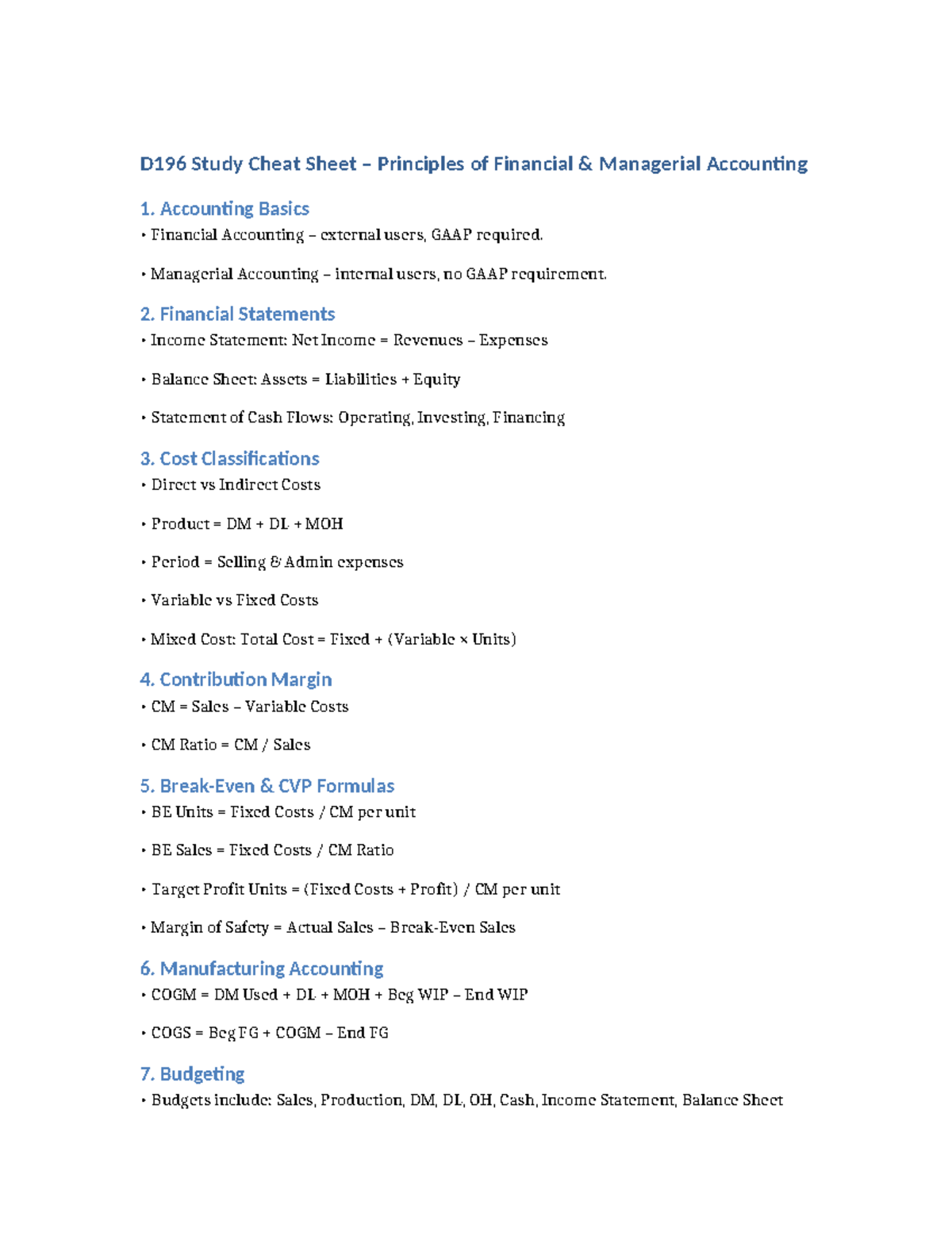 D196 Cheat Sheet: Principles of Financial Managerial Accounting - Studocu