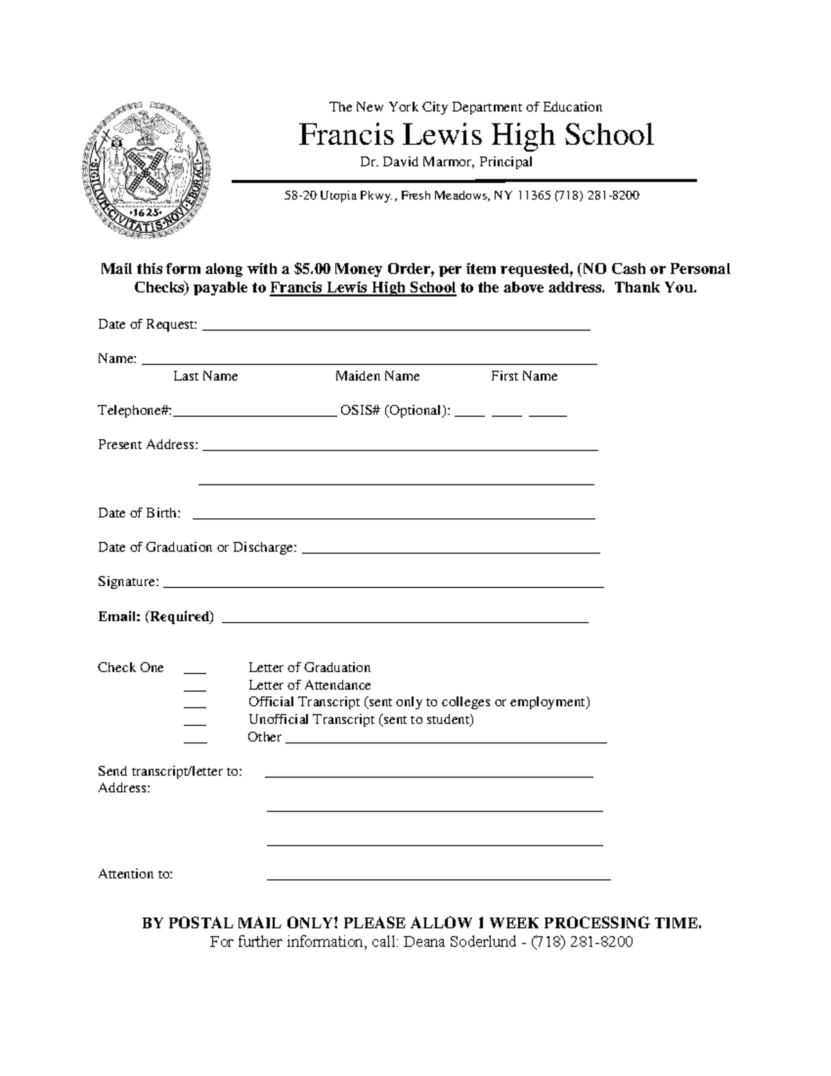 Francis Lewis High School Transcript Request Form - NYC DOE - Studocu