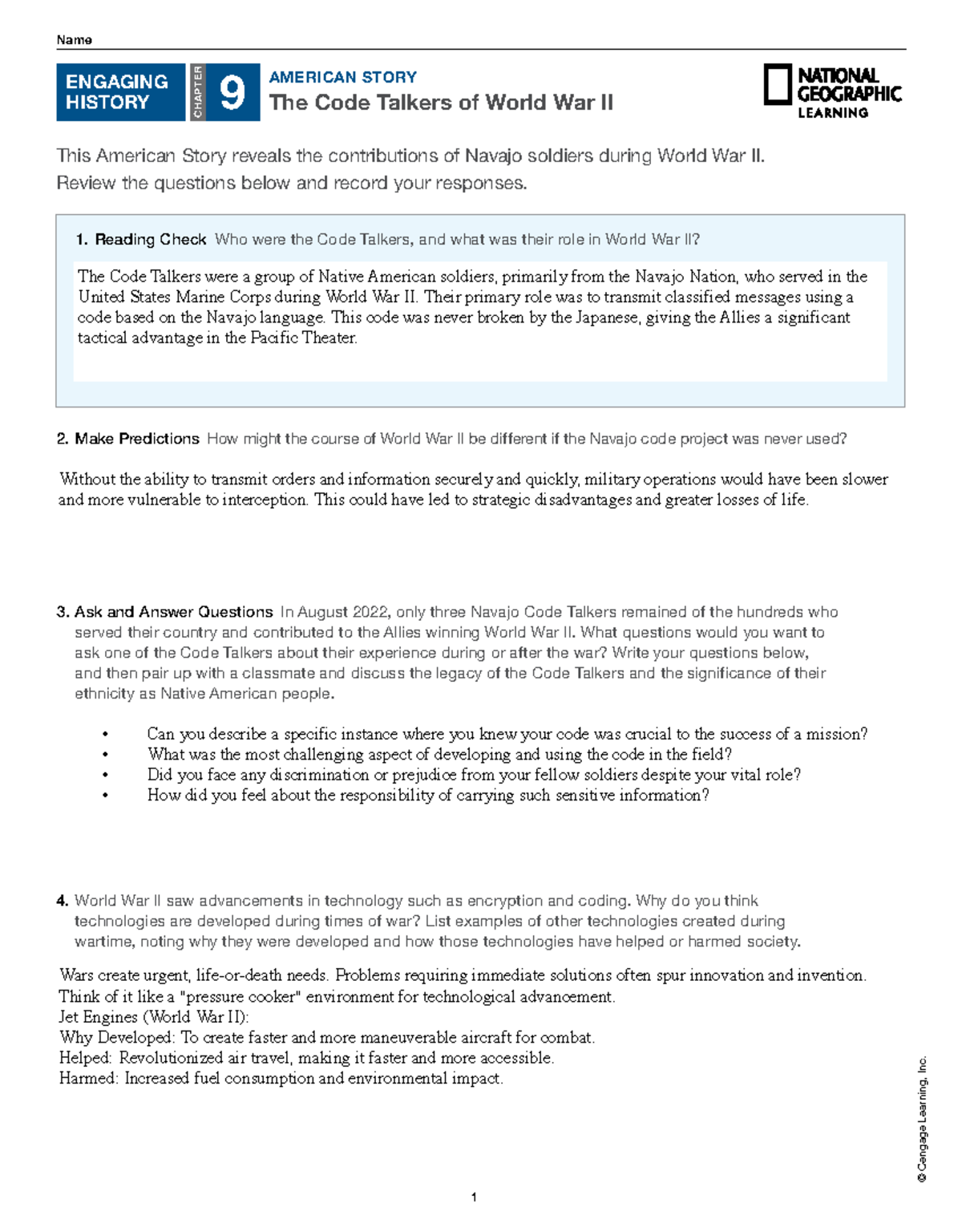 🌍U8.4 📝Workbook- 📒 American Story- The Code Talkers of World War II (p ...