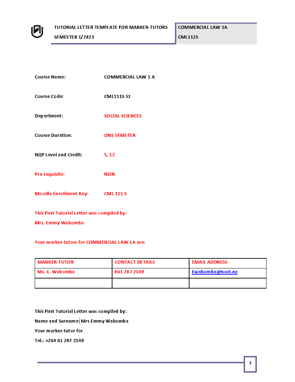 Tutorial Letter Template for Commercial Law 1A - CML112S - Studocu