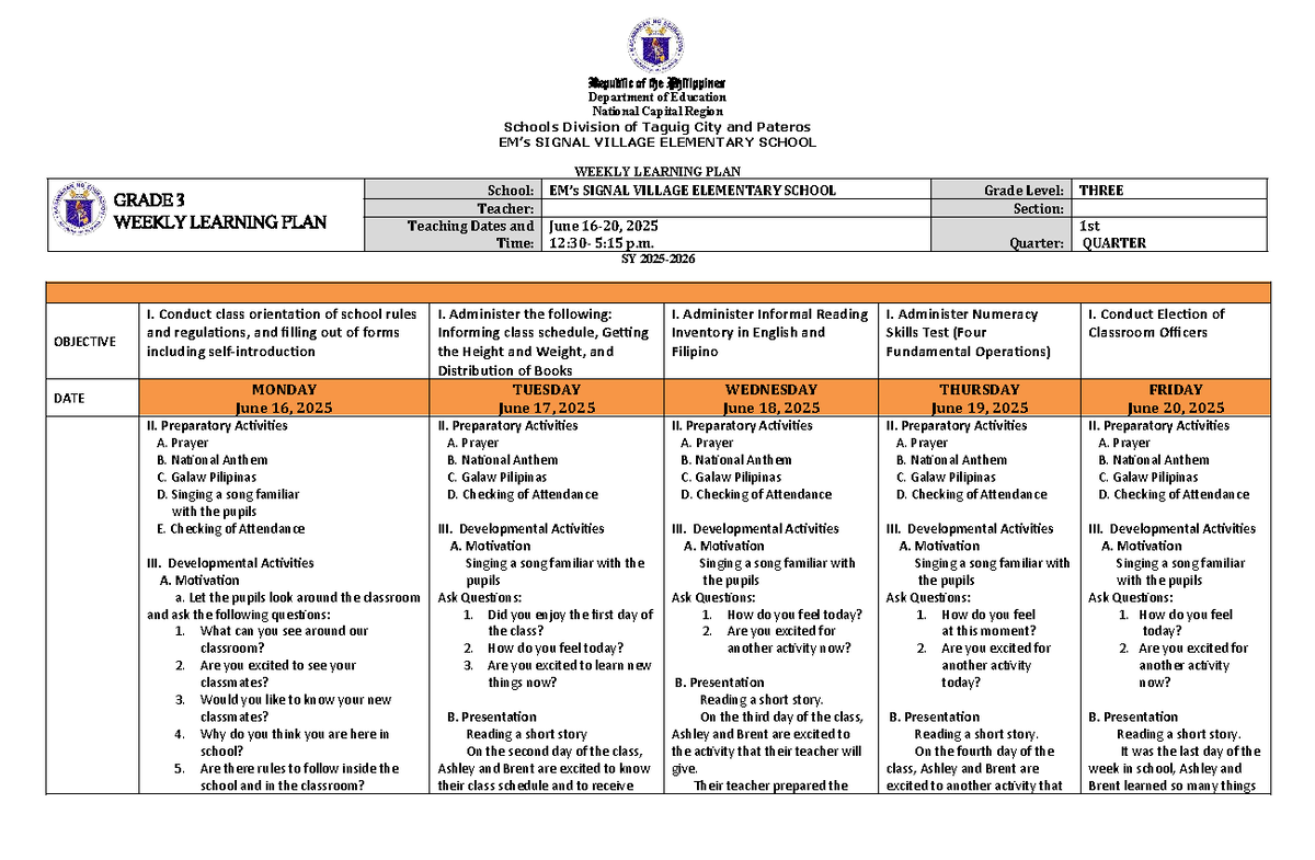 Grade 3 Weekly Learning Plan (LP) June 16-20, 2025 - Studocu