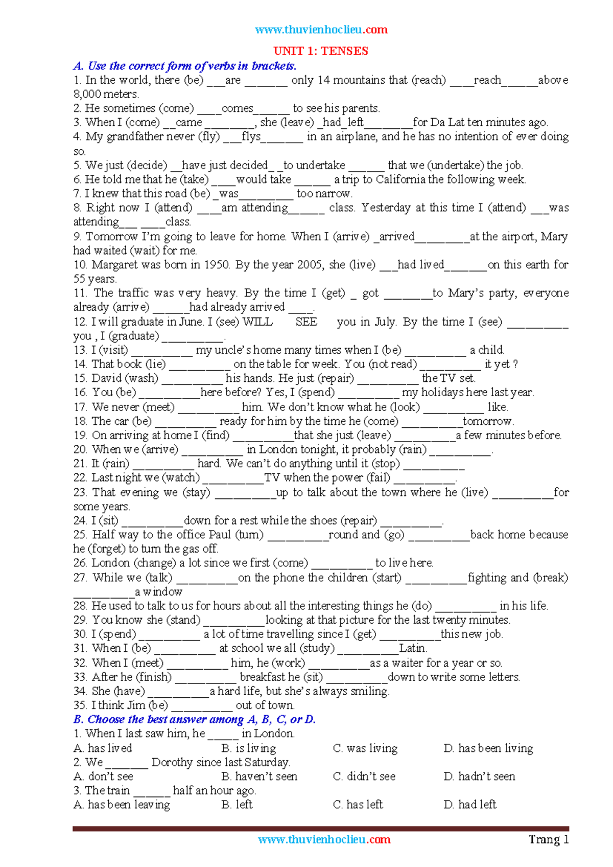 UNIT 1: TENSES - Verb Forms and Usage Exercises - Studocu