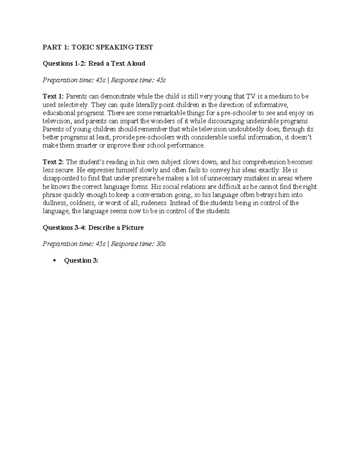 TOEIC Speaking Test Part 1: Read Aloud & Describe a Picture - Studocu